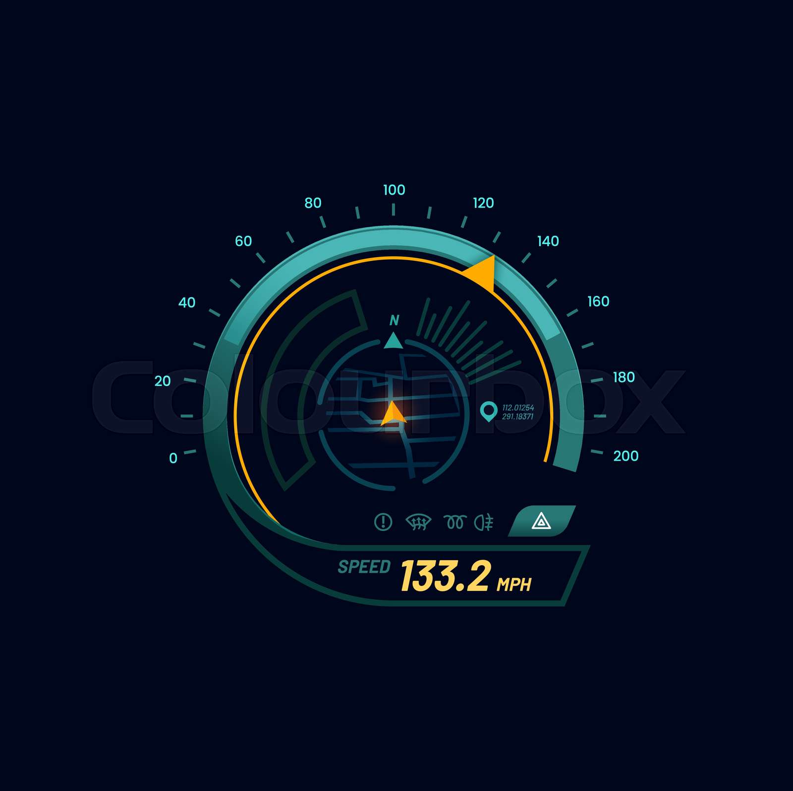 Car futuristic speedometer with navigation map | Stock vector | Colourbox