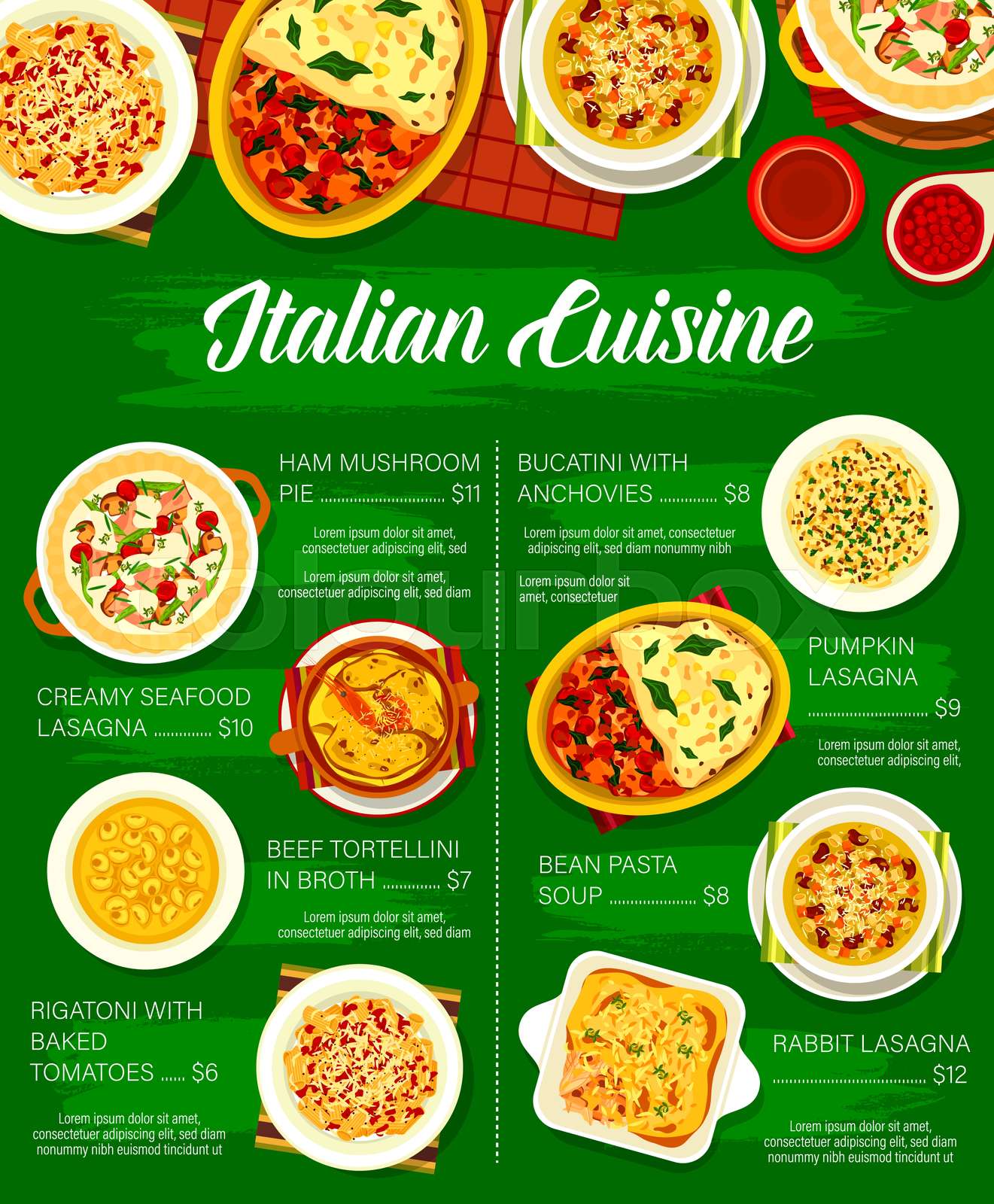 Italian cuisine menu, Italy restaurant food dishes | Stock vector ...