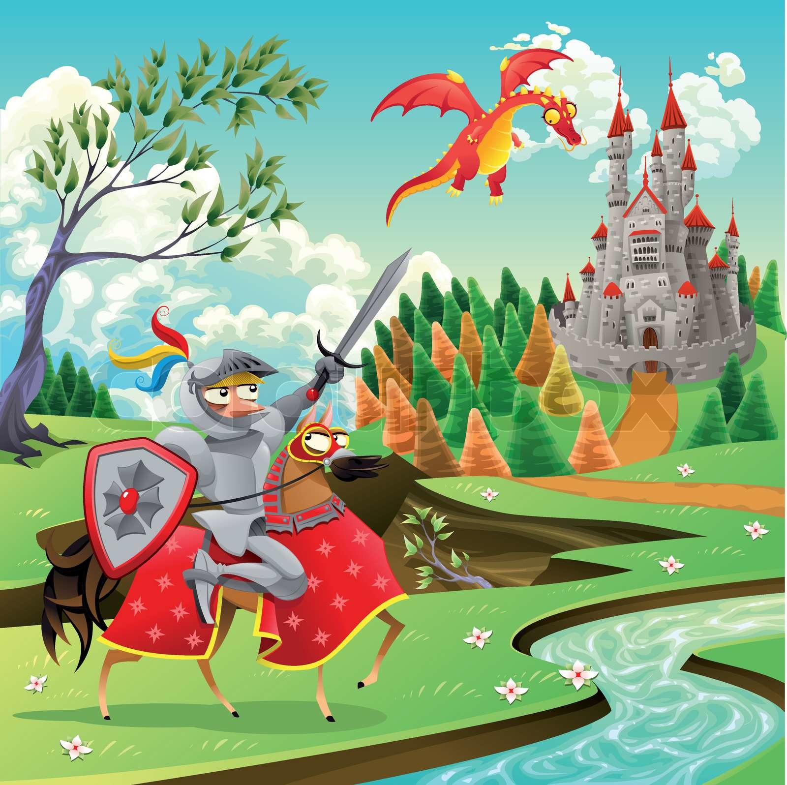 Panorama mit mittelalterlichen Burg, Drachen und Ritter. | Stock-Vektor ...