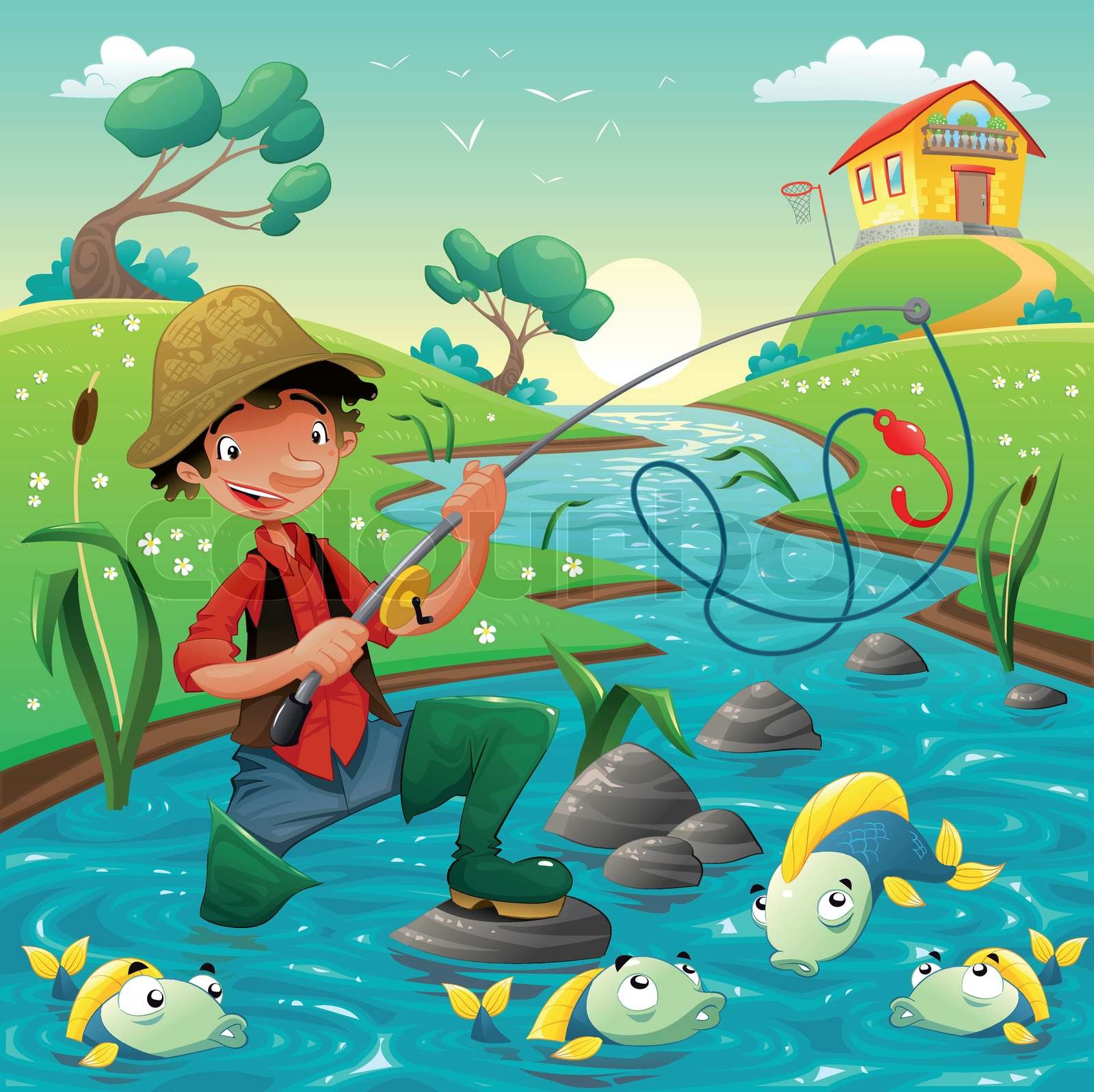Cartoon -Szene mit Fischer und Fische . | Stock-Vektor | Colourbox