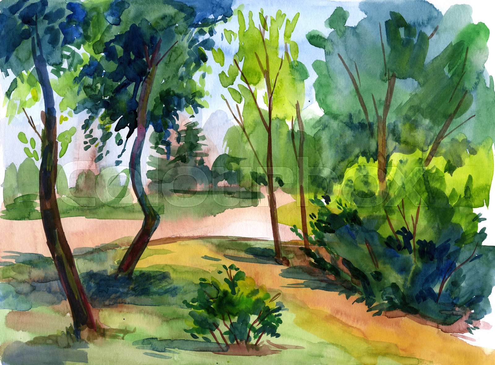 Landscape With Trees. Watercolor Drawing | Stock image | Colourbox