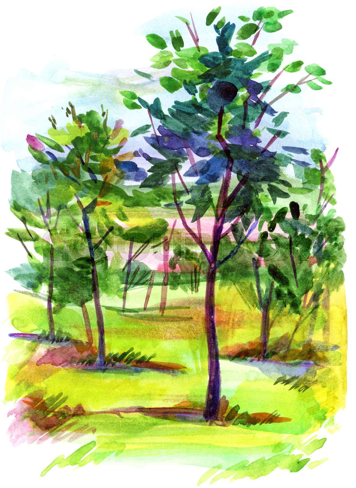 Landscape With Trees. Watercolor Drawing | Stock image | Colourbox
