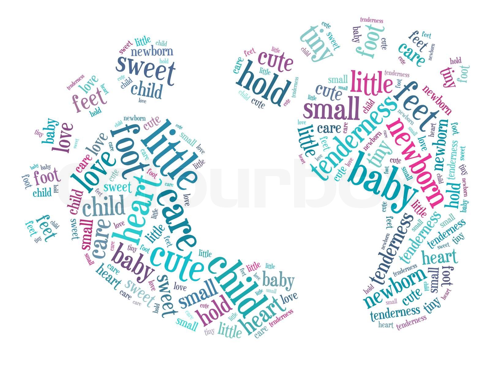 Newborn in word collage composed in baby feet shape | Stock image ...