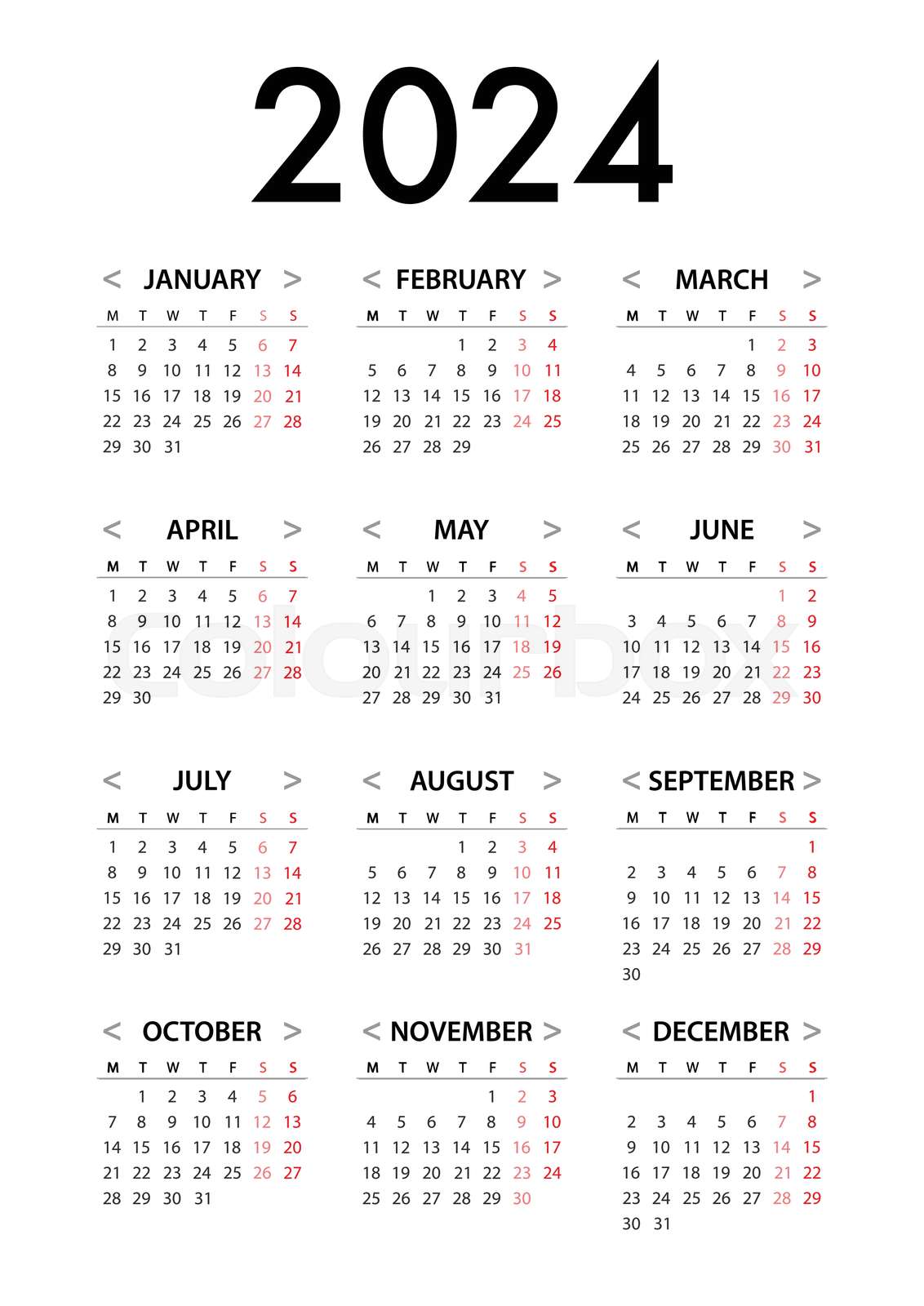 Calendar for 2024 Week Starts Monday. Simple Vector Graphic | Stock ...