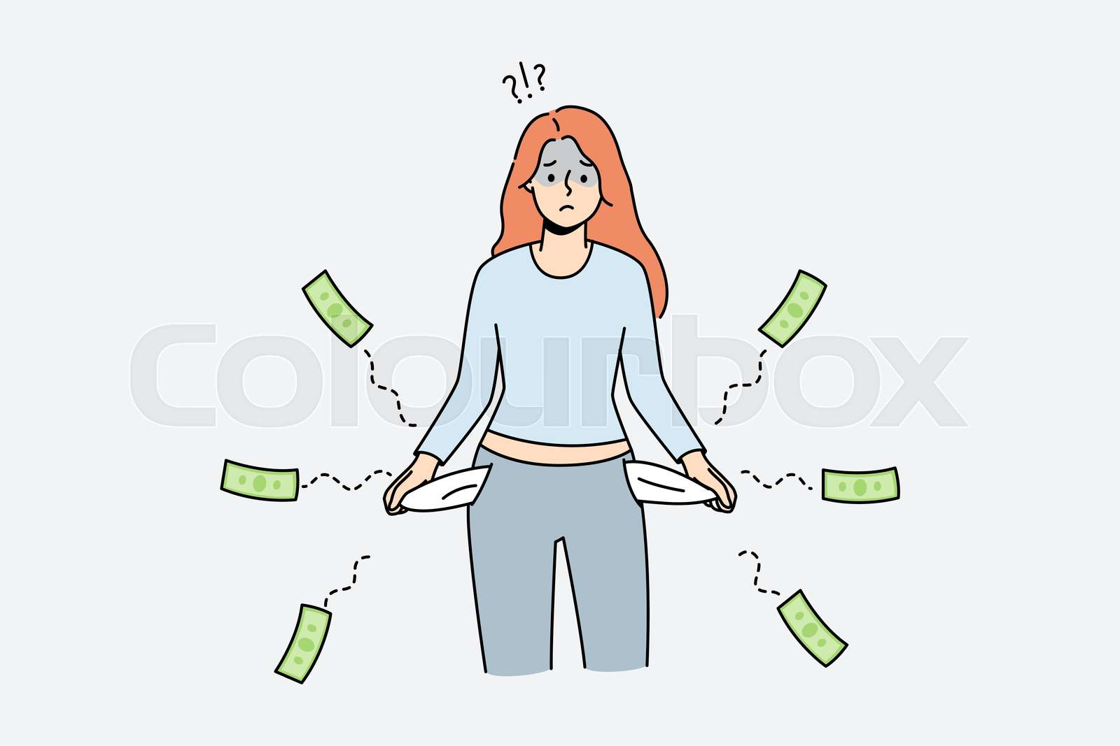 Unhappy woman with empty pockets | Stock vector | Colourbox