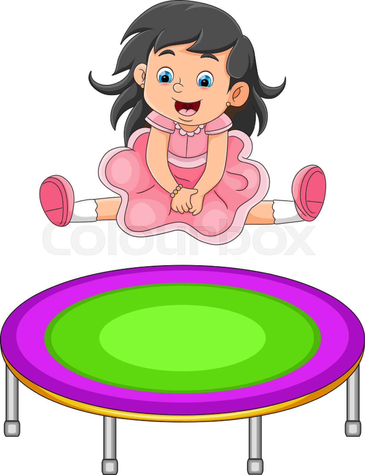 The cute girl with the pretty dress is jumping on the trampoline ...