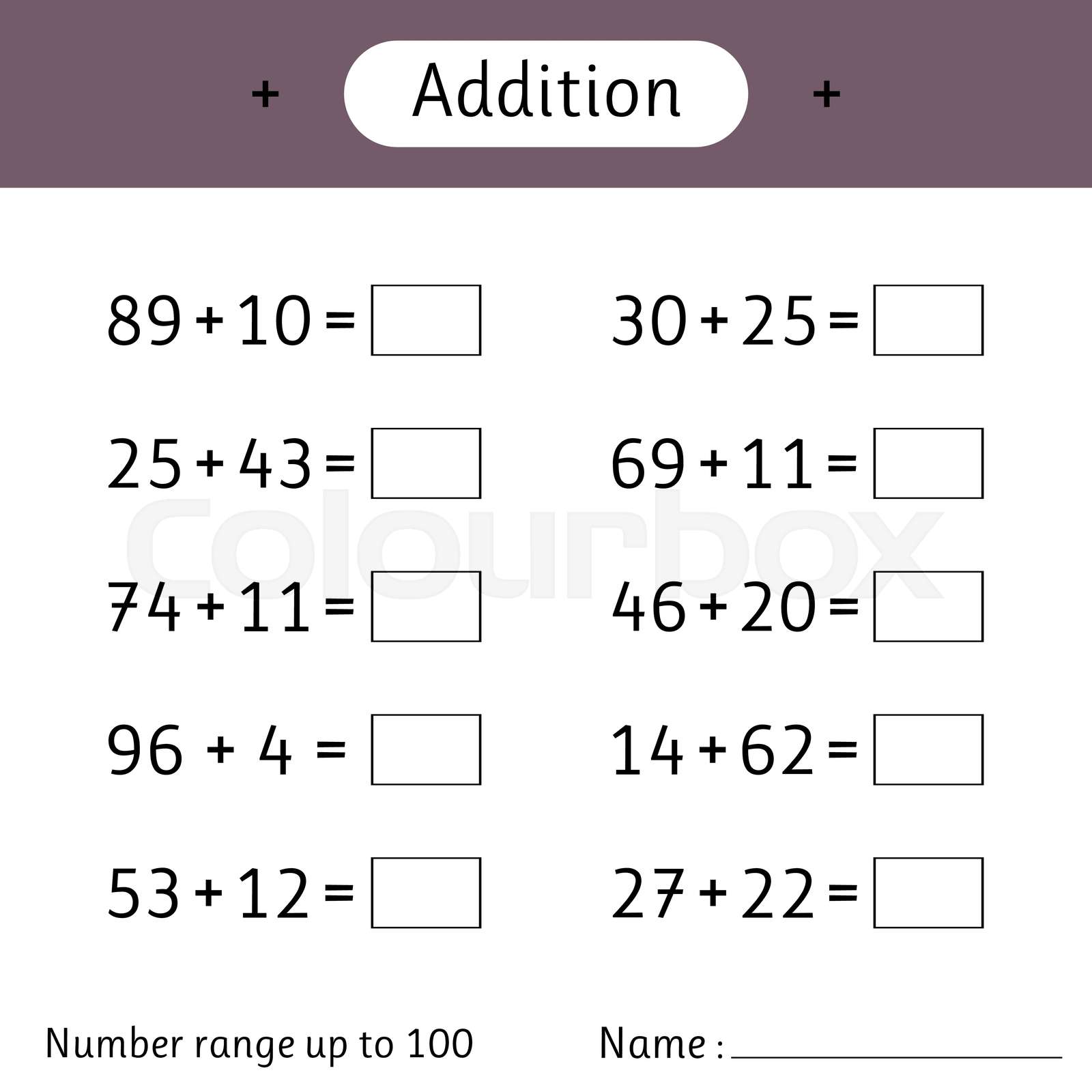 Addition. Number range up to 100. Math worksheet for kids. Solve ...