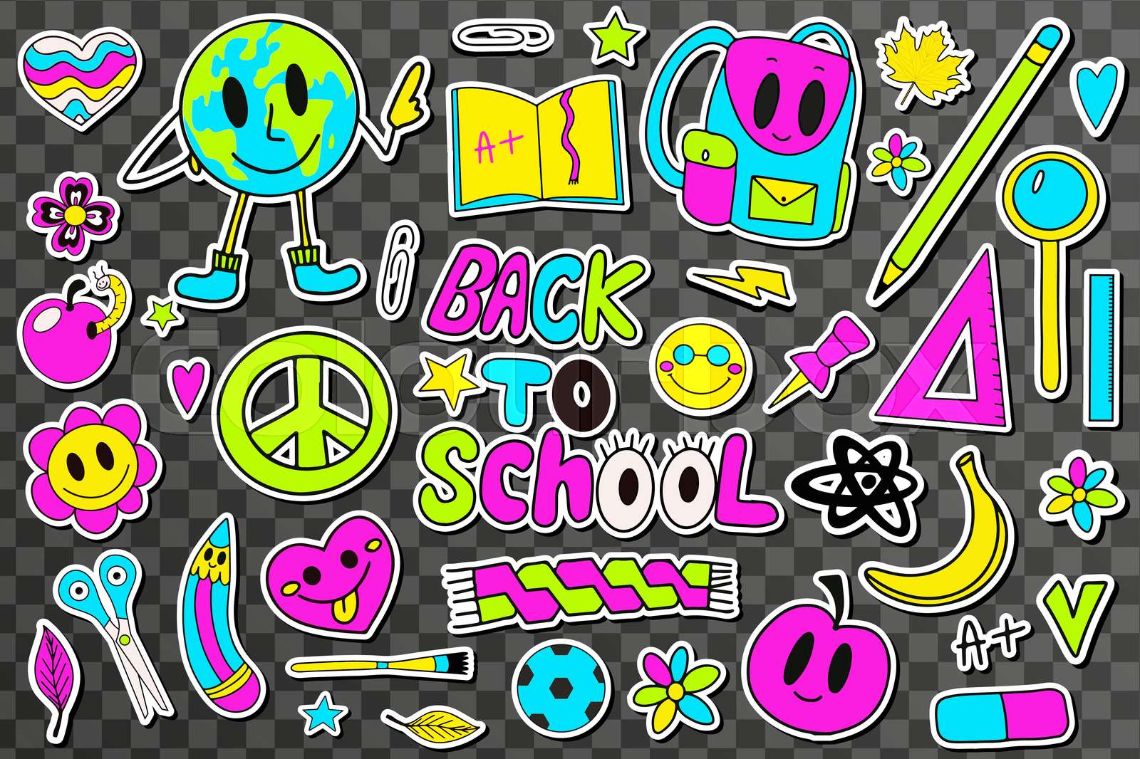 Back to school groovy stickers set in retro 70s style. Psychedelic ...