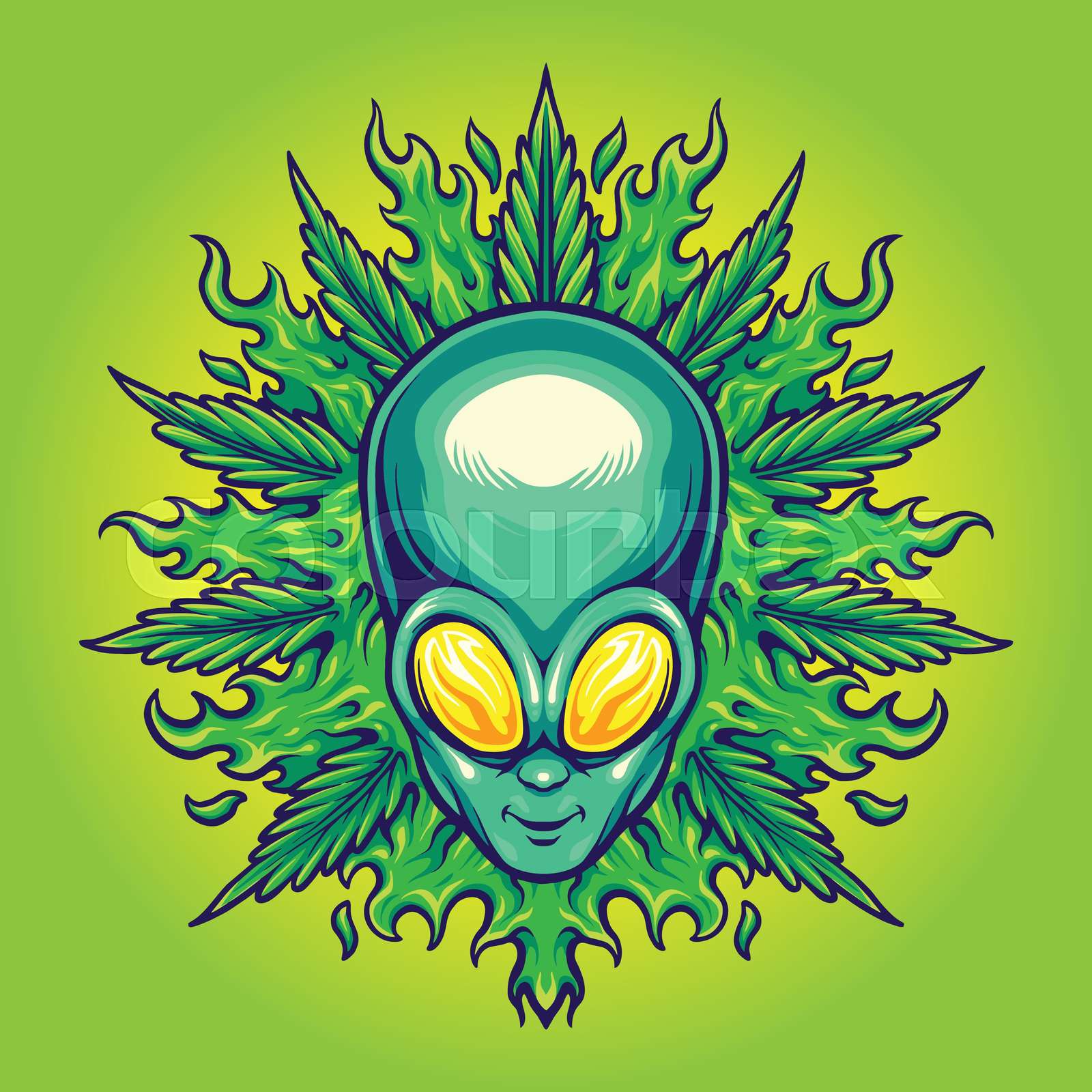Alien head with weed leaf illustrations | Stock vector | Colourbox