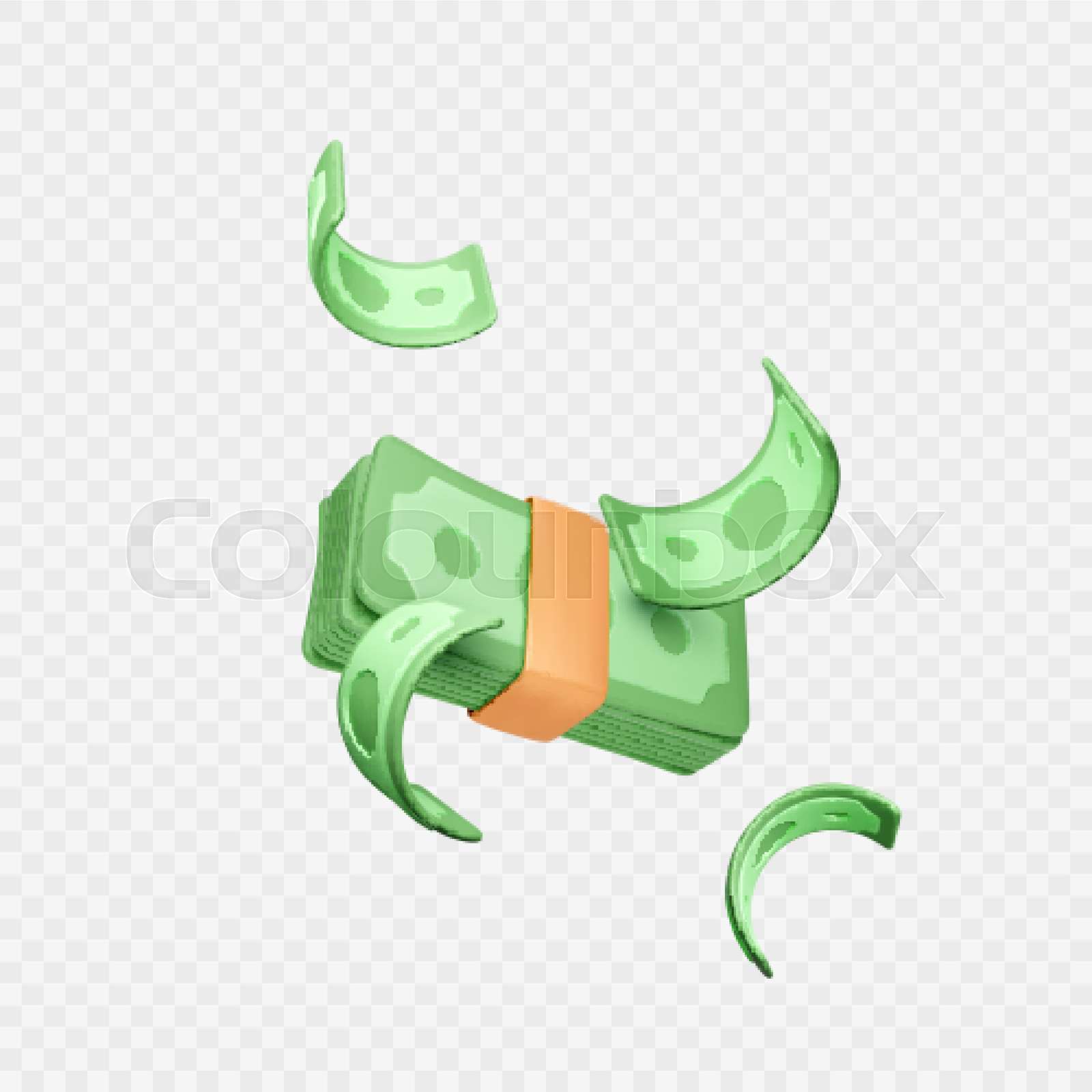 Wad of cash and falling green paper dollars. Falling money template in ...