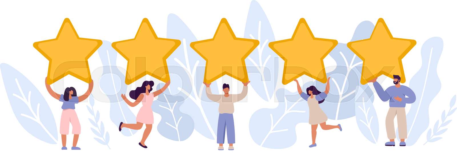 Happy and satisfied customer vector people are holding review stars ...