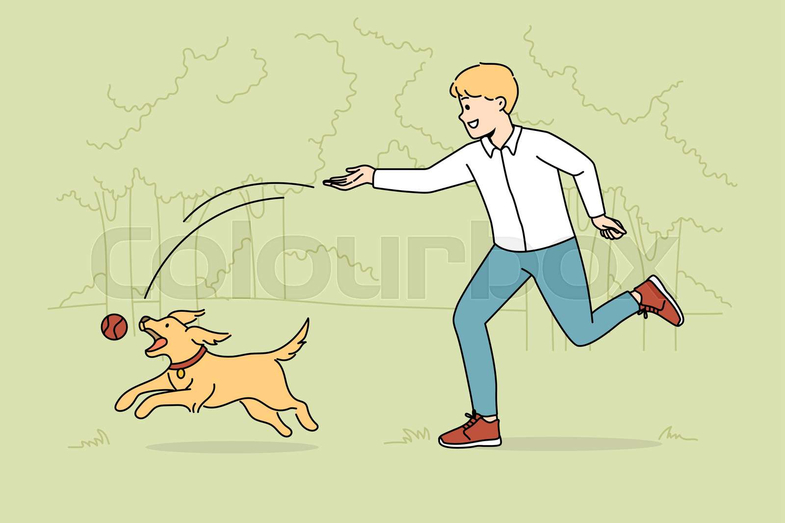 Happy boy playing with dog in park | Stock vector | Colourbox