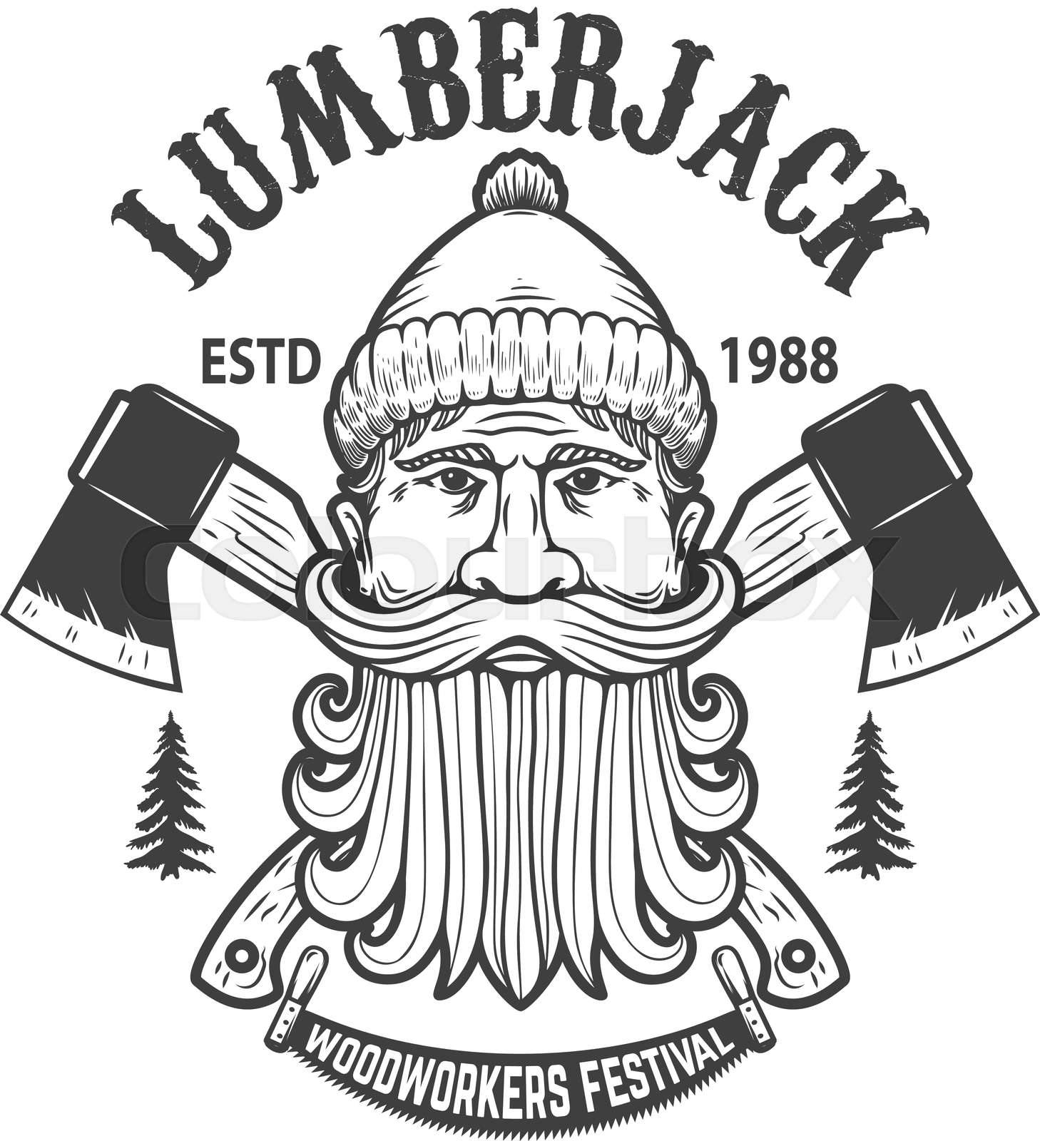 Lumberjack festival. Emblem template with lumberjack head and crossed axes. Design element for ...