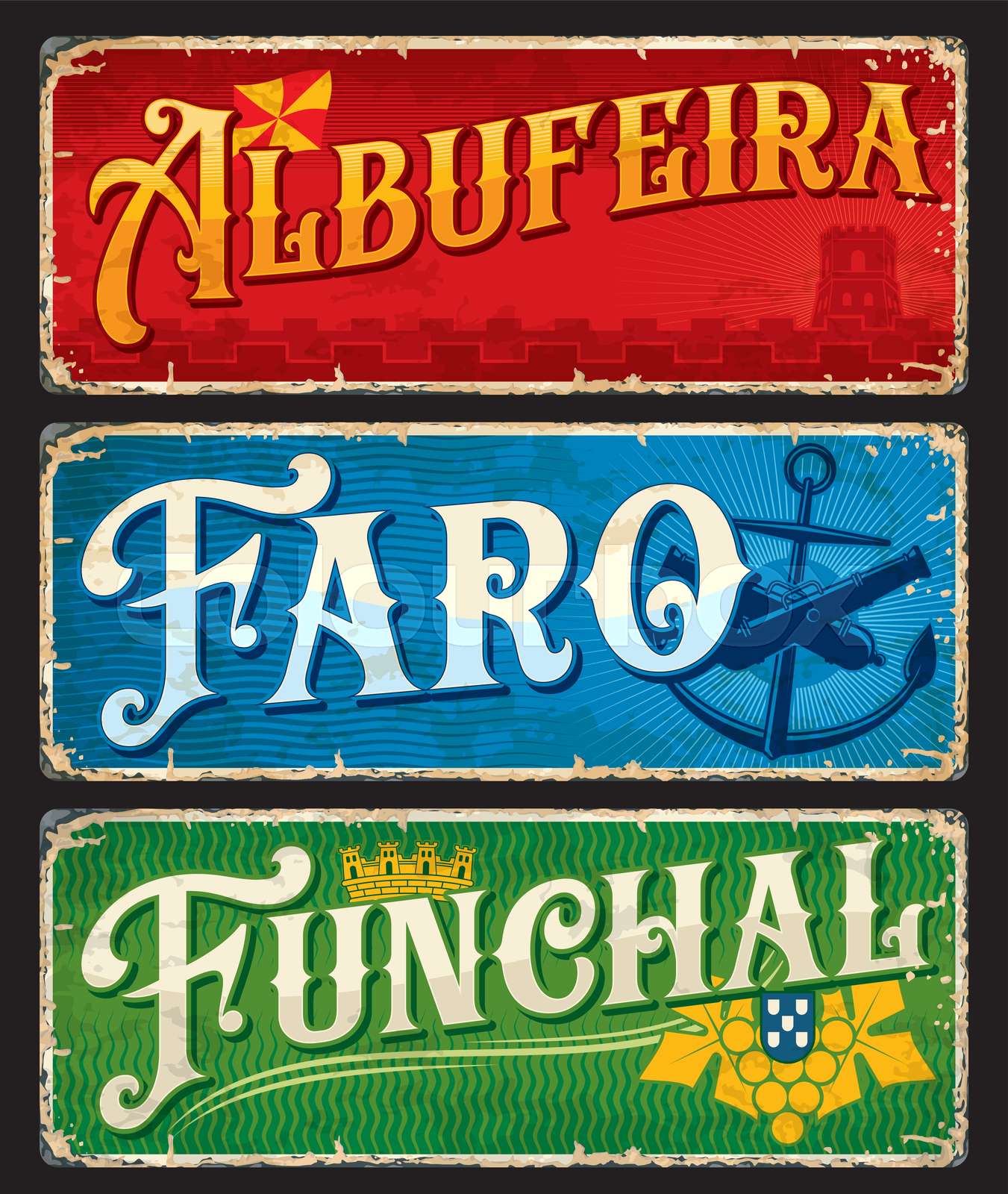 Funchal, Faro, Albufeira, Portuguese city plates | Stock vector | Colourbox