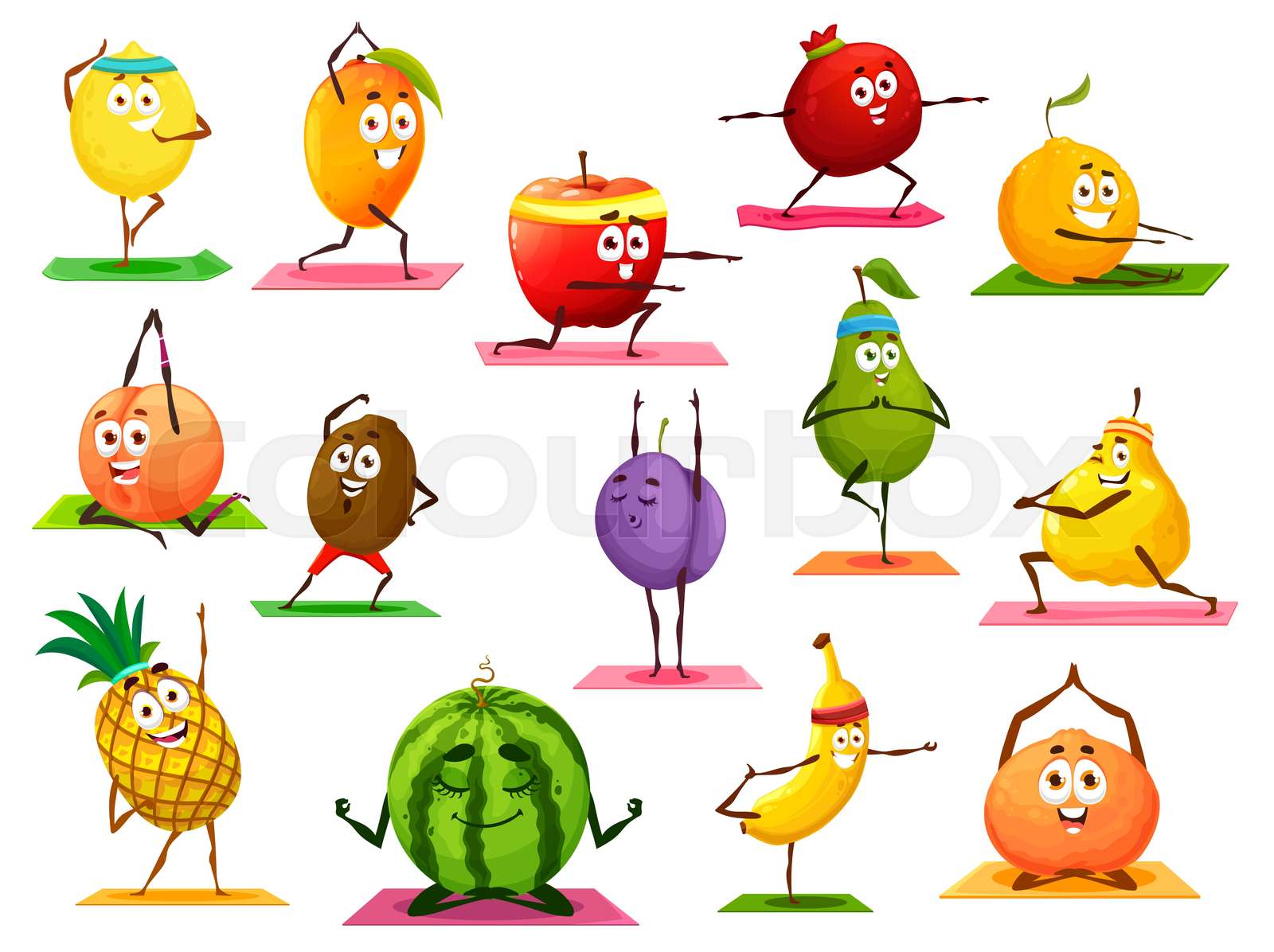 Cartoon Isolated Fruits On Yoga Pilates Fitness Stock Vector Colourbox