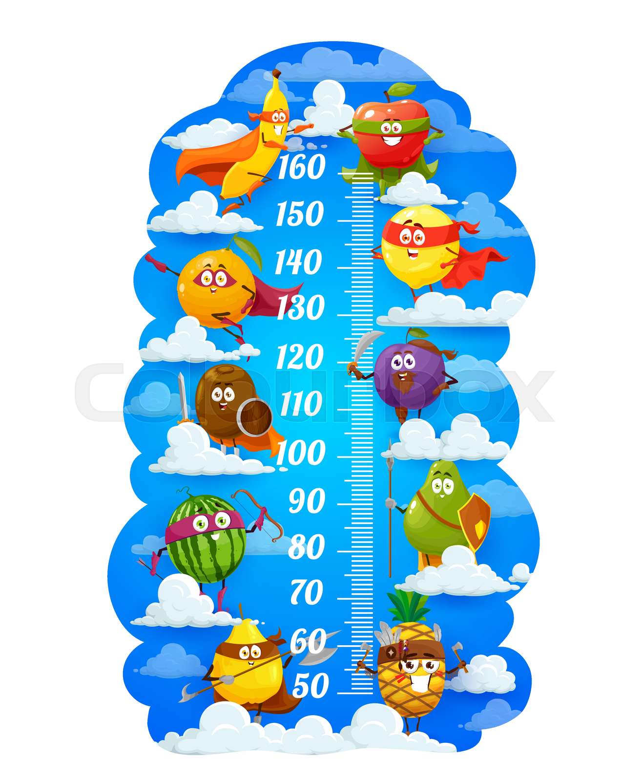 Cartoon fruits superhero kids height chart | Stock vector | Colourbox