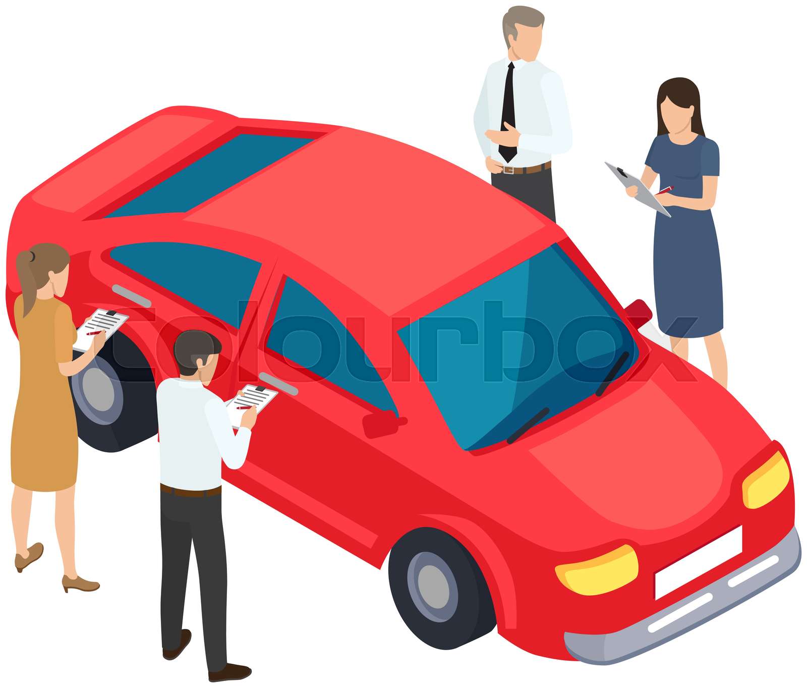 Men standing near red passenger car. Colleagues discussing automobile ...