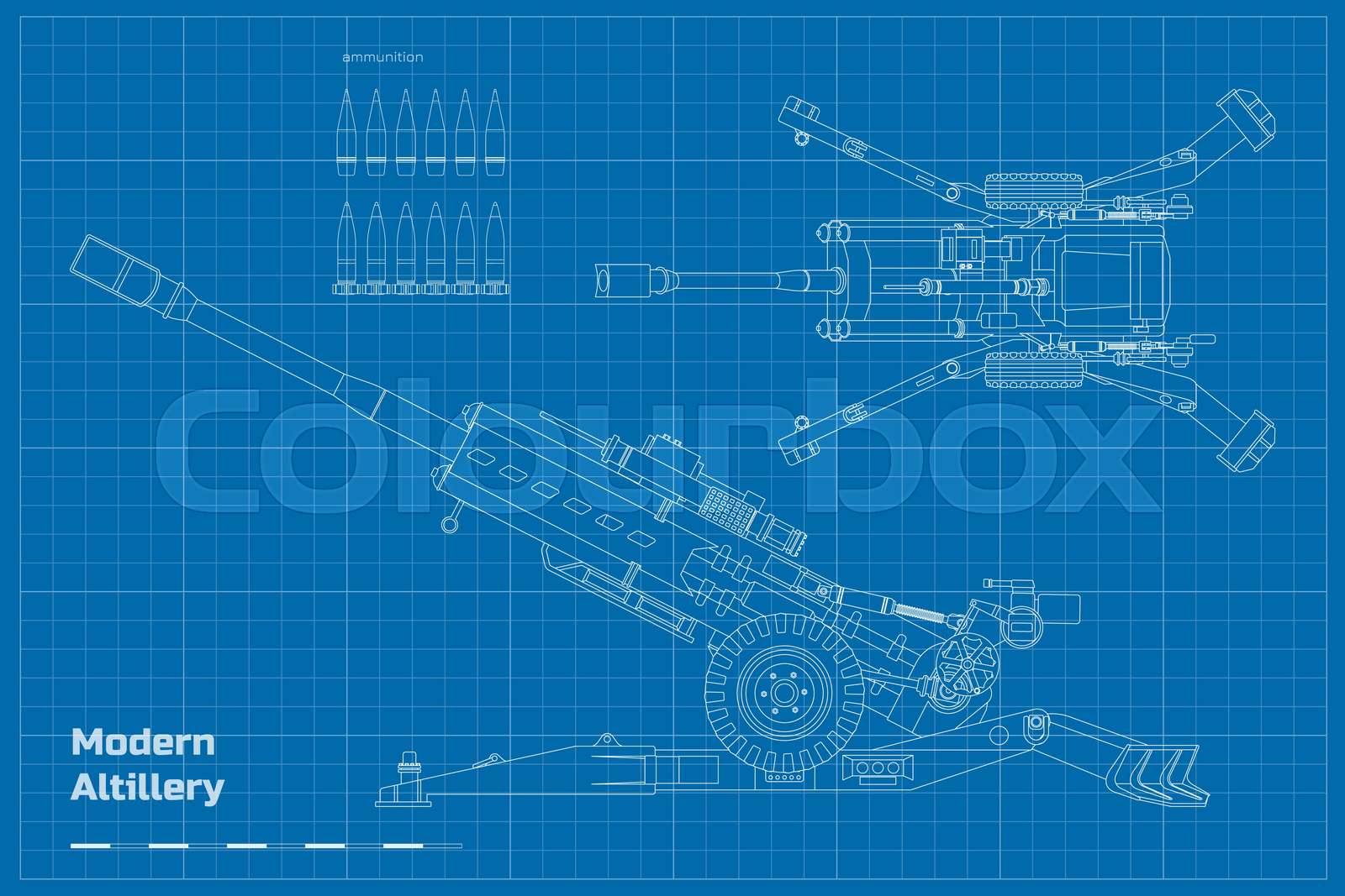 Outline modern artillery. Heavy cannon blueprint. Top, side view of ...