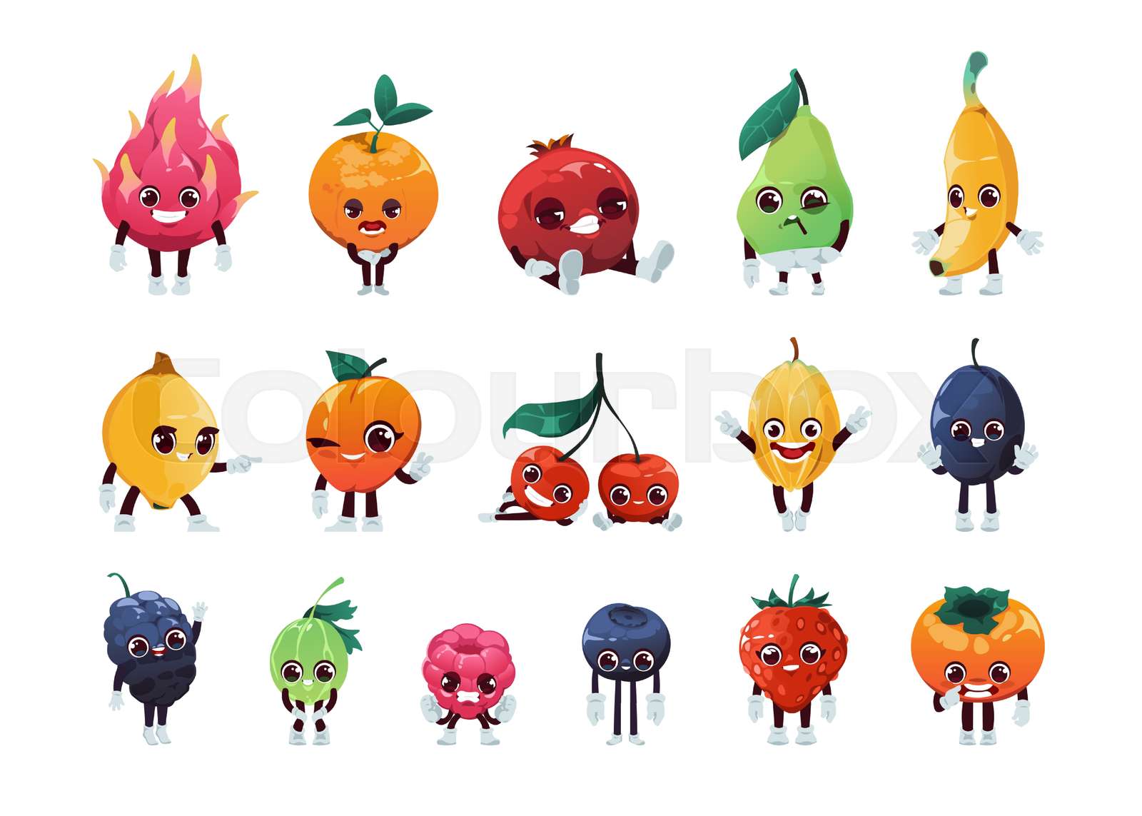 Cartoon fruit characters. Cheerful happy kid fruits with funny faces ...