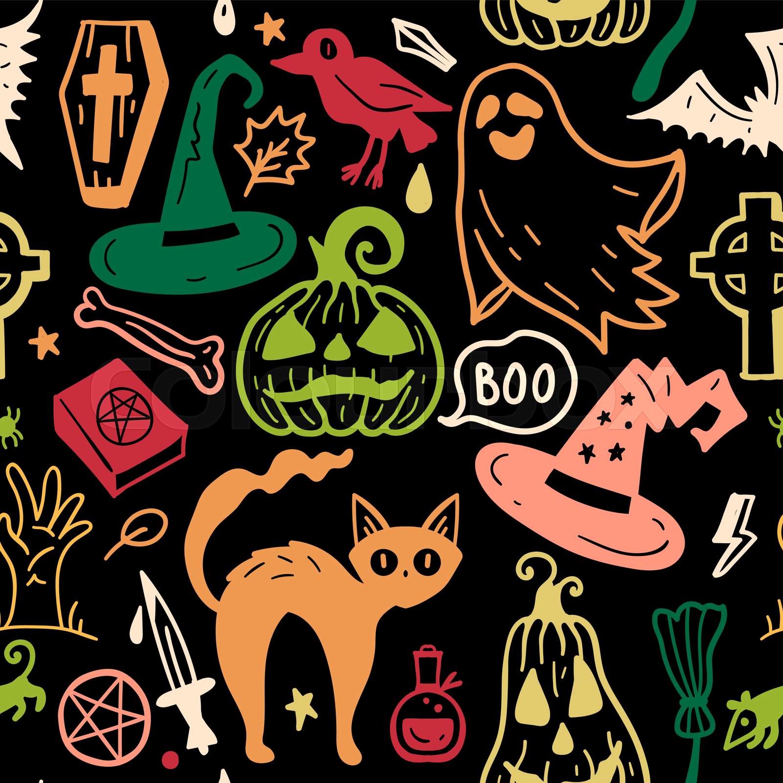 Bright seamless pattern of horror Halloween hand drawn doodle elements ...
