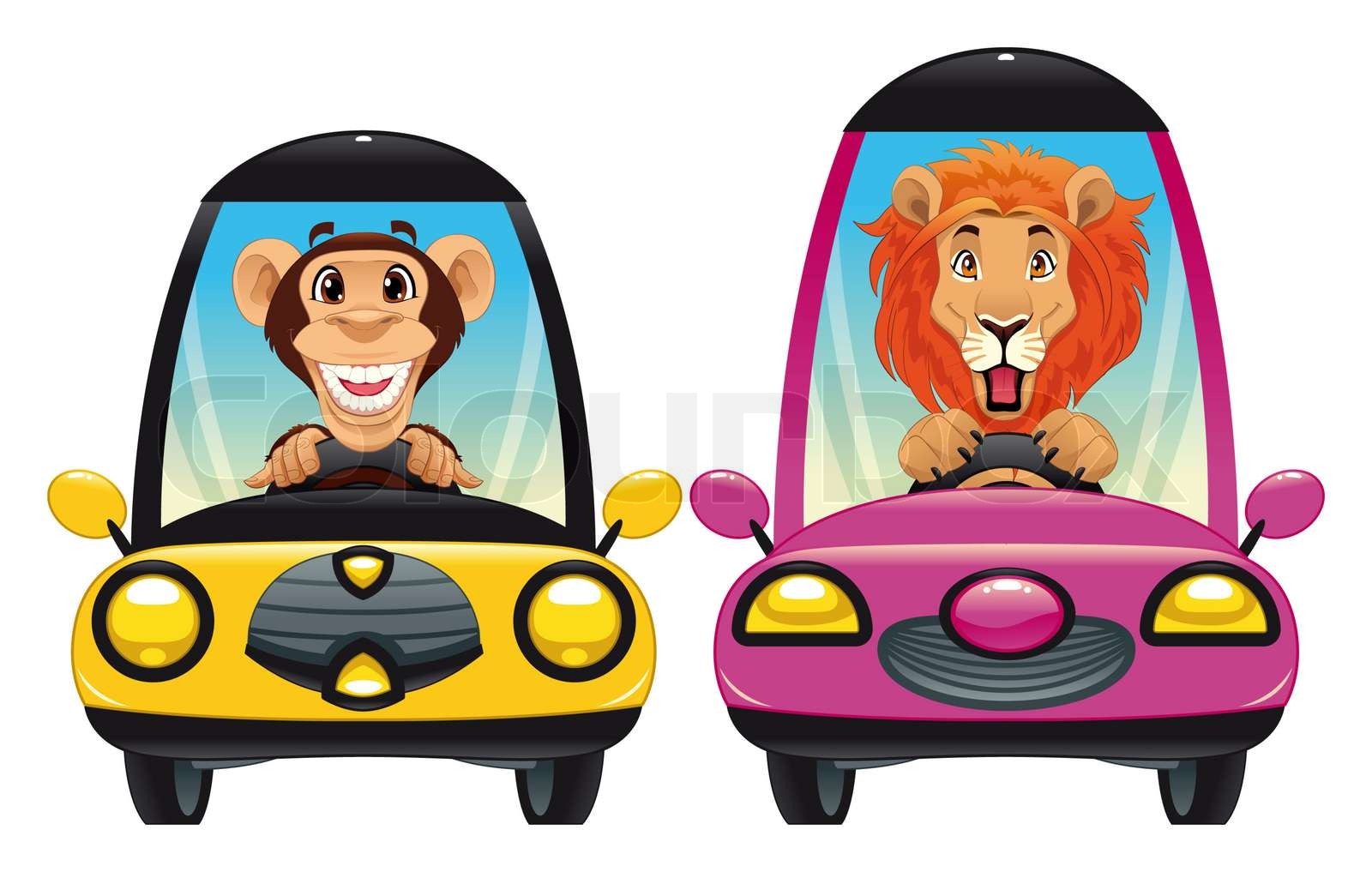 Tiere im Auto : Monkey und Löwen. | Stock Bild | Colourbox