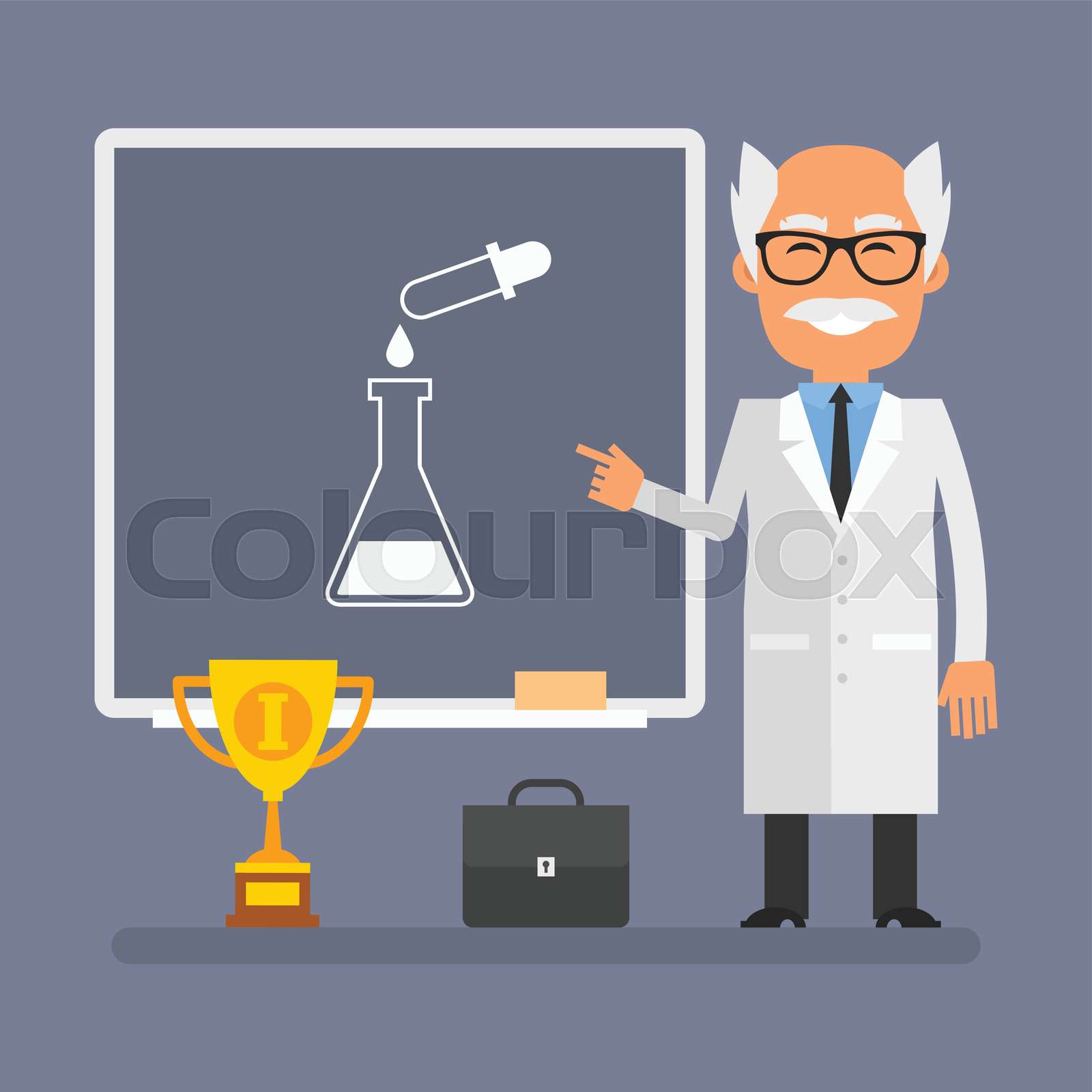 Old professor pointing finger at picture test tubes and pipettes ...