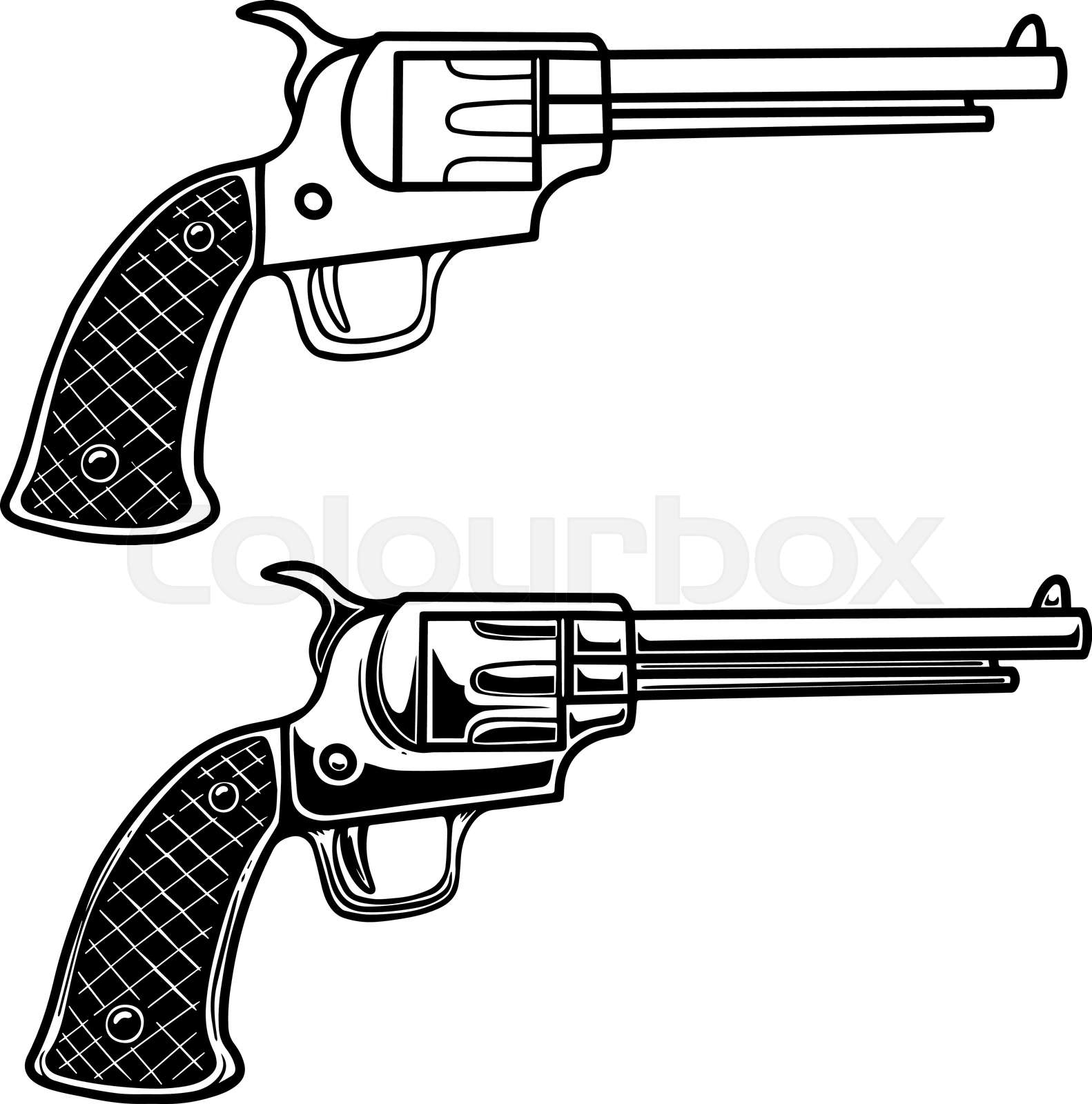 Illustration of cowboy revolver in engraving style. Design element for ...