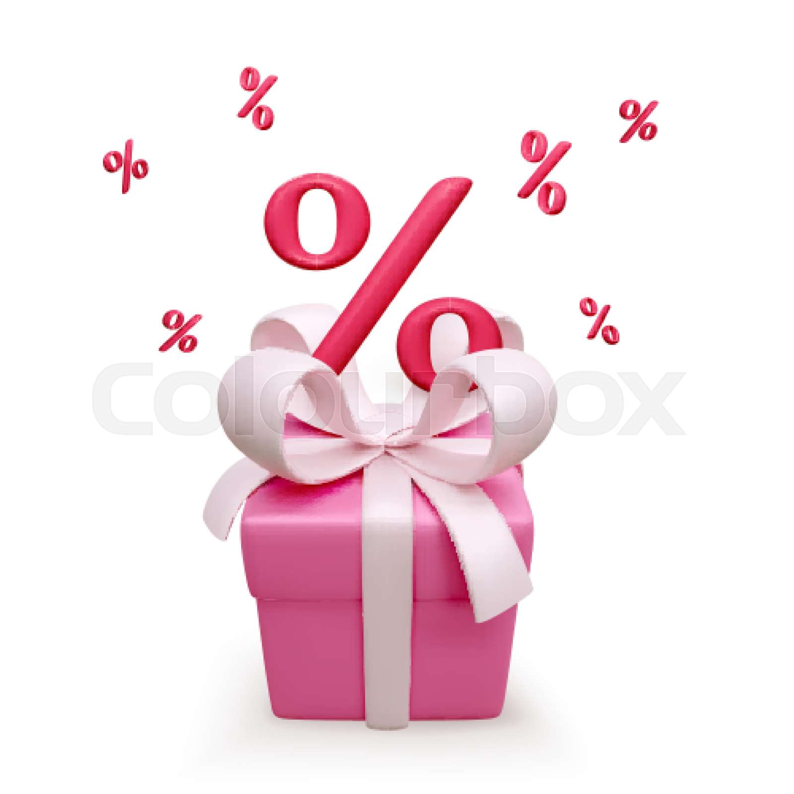 3D pink gift box with bow and percent symbol on it. Falling percentage ...