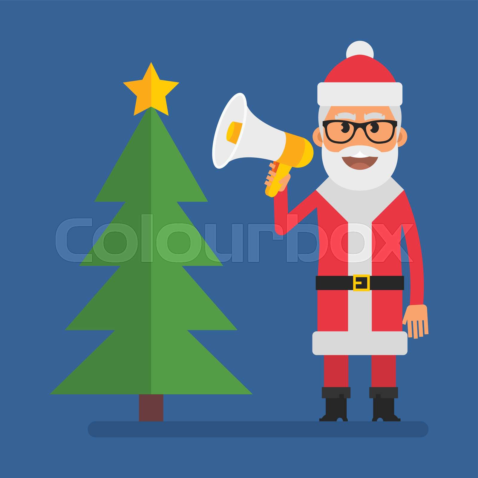 Santa stands near christmas tree and holding megaphone | Stock vector ...