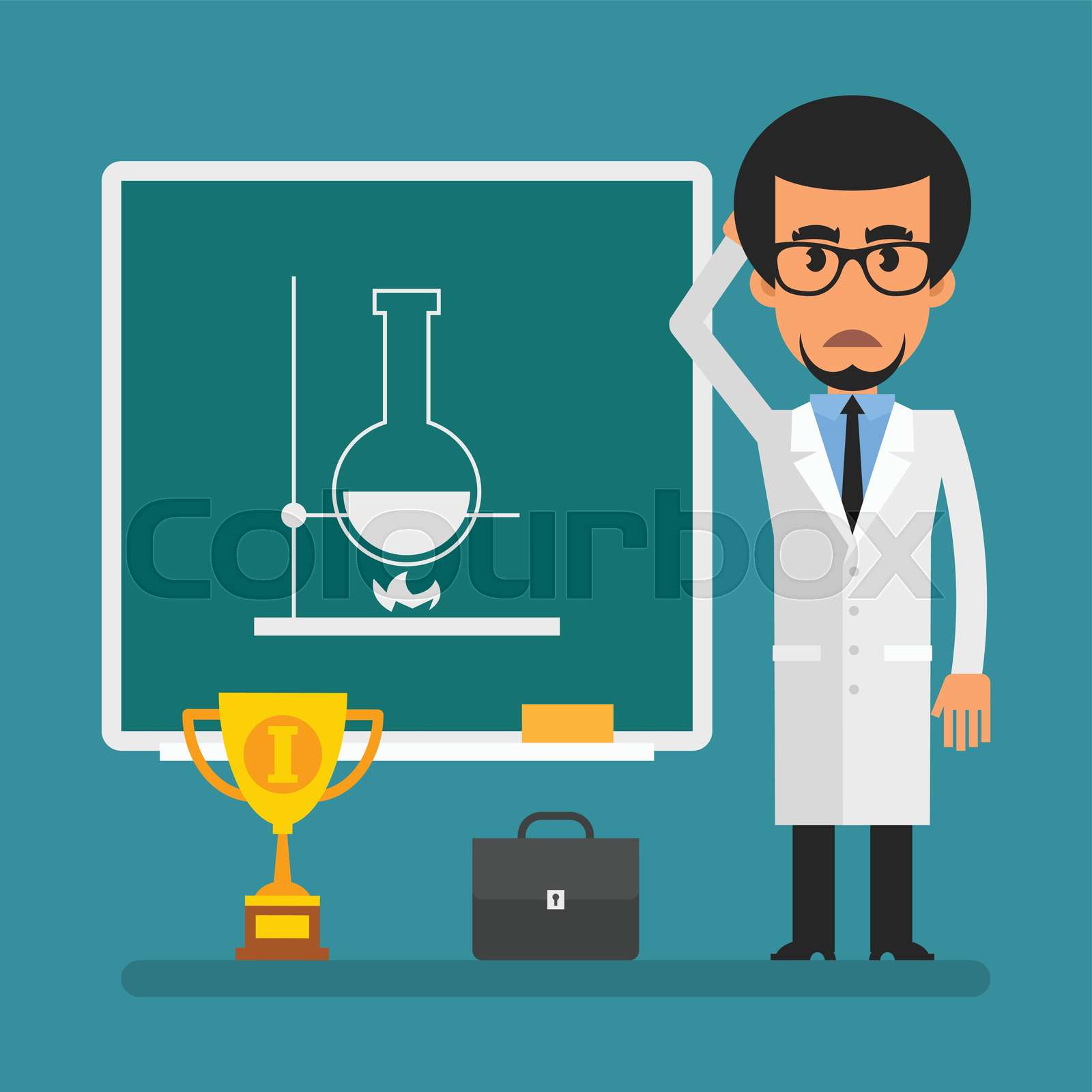 Young scientist stands next to school board and holding his head ...