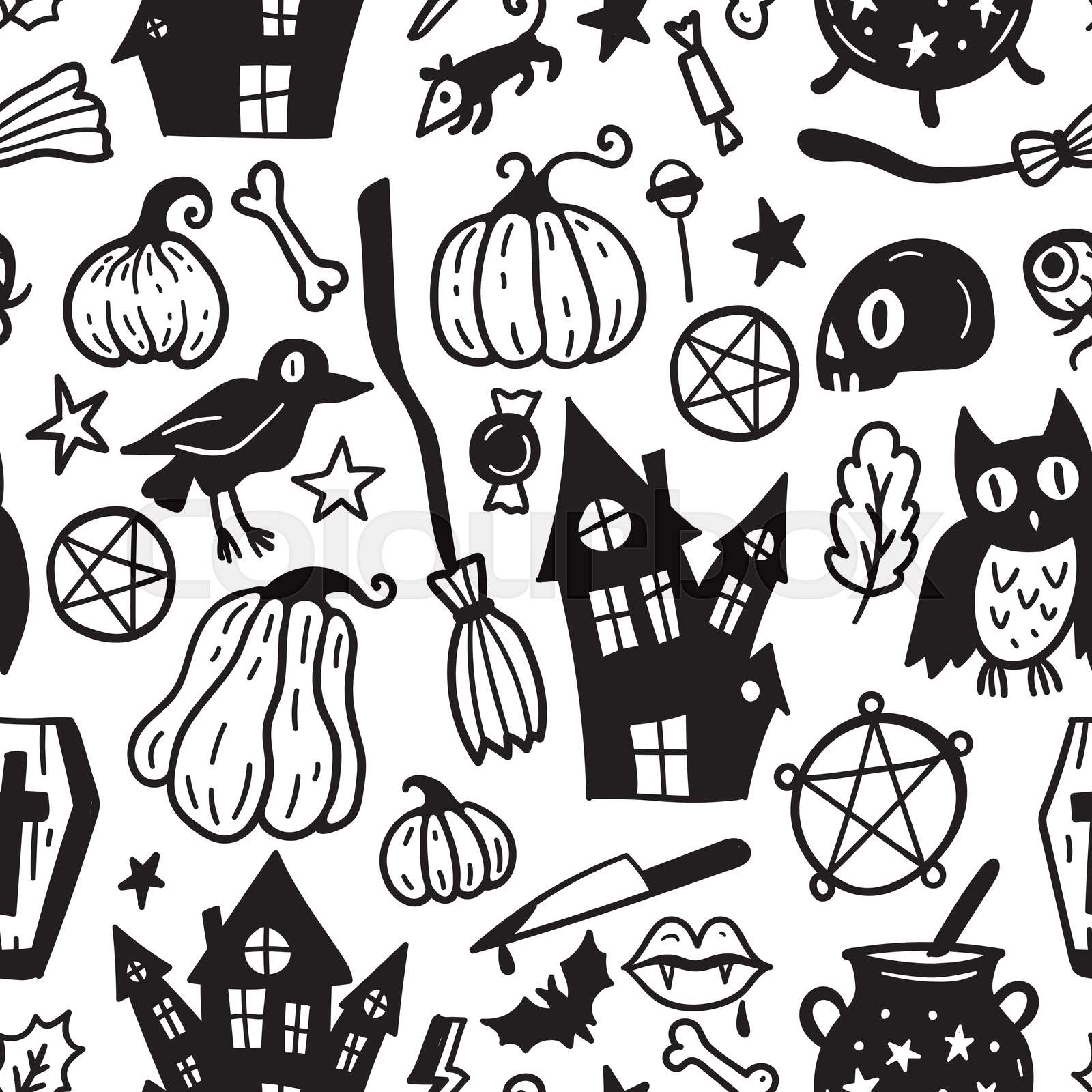 Monochrome seamless pattern of horror Halloween hand drawn doodle ...