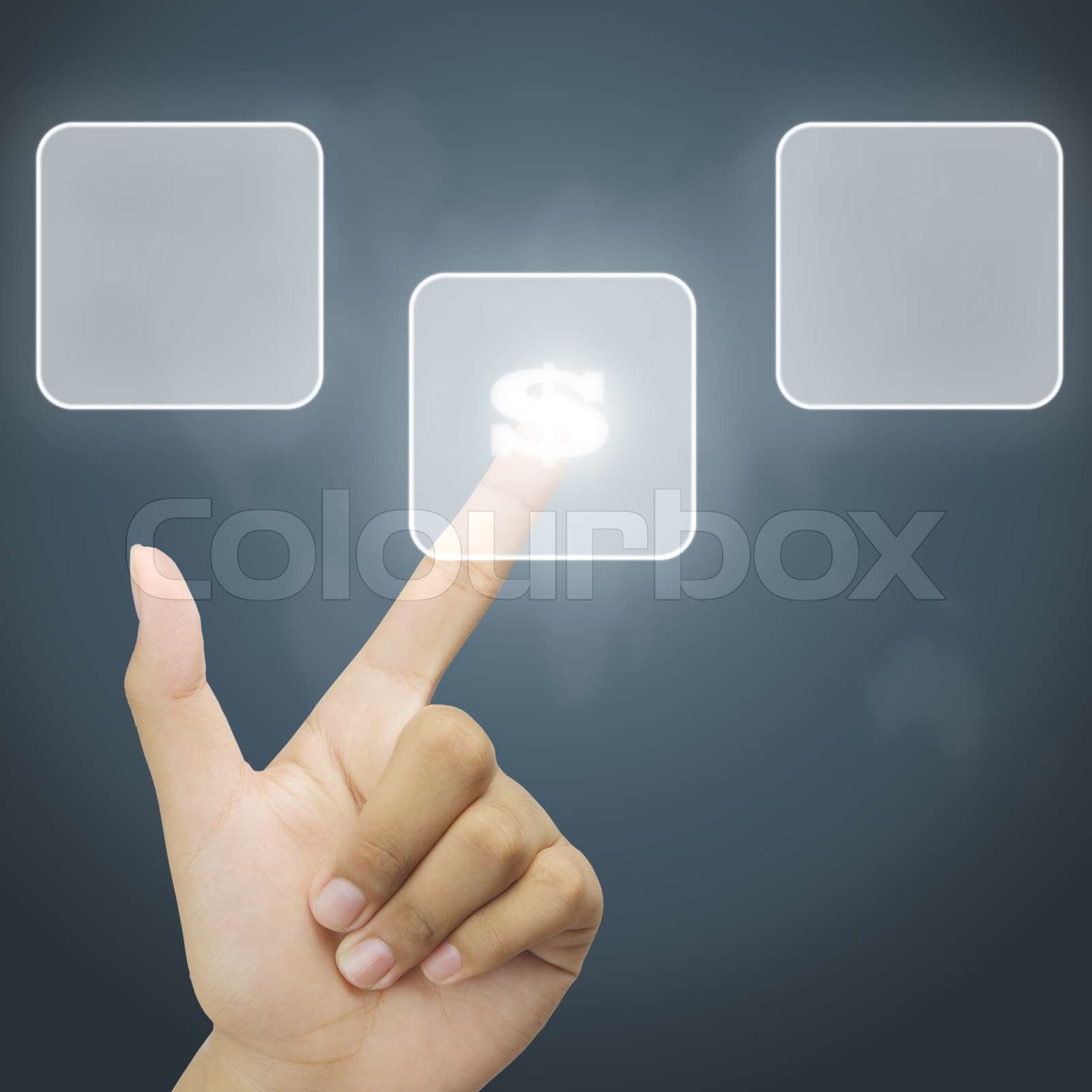 Hand trykke på en knap dollar tegn på touchscreen | Stock foto | Colourbox