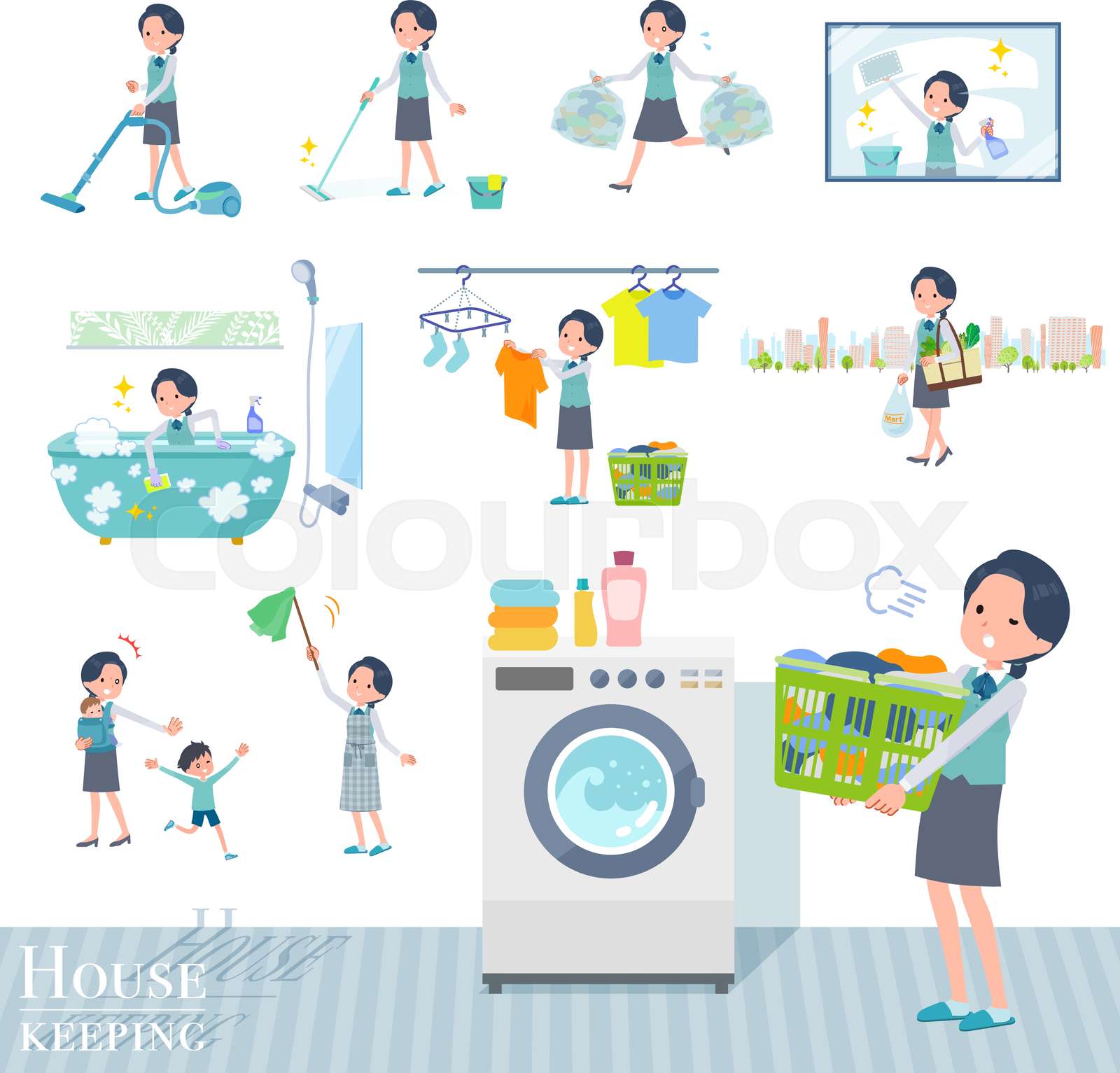 A set of Clerk woman related to housekeeping such as cleaning and ...