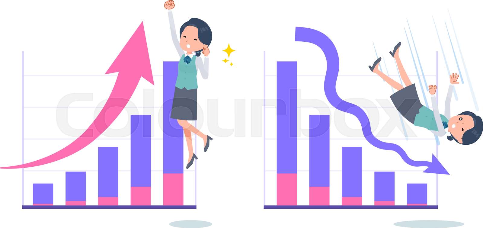 A set of Clerk woman who express performance up and performance down ...