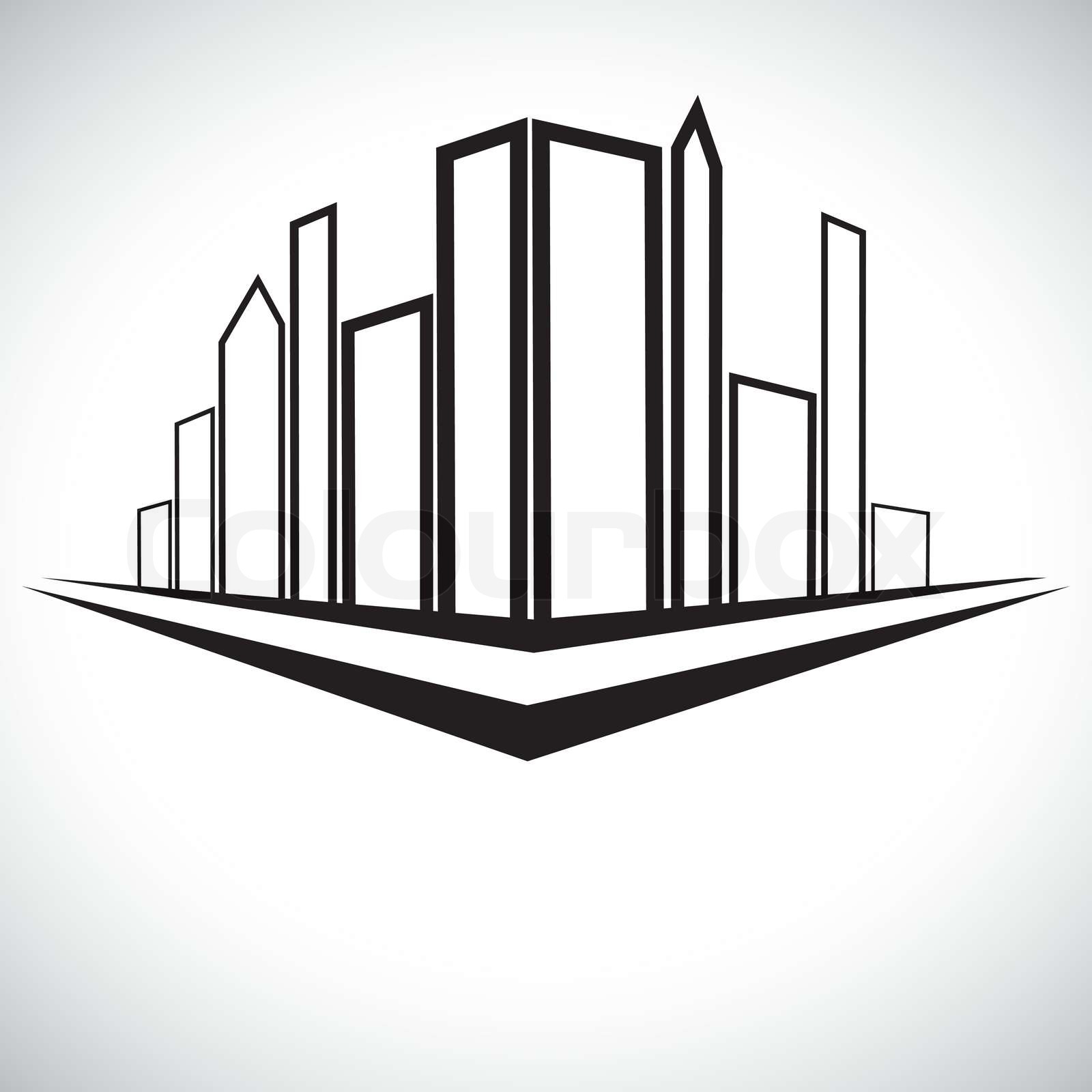 Outline sketch of cityscape urban setting with tall skyscrapers, towers ...