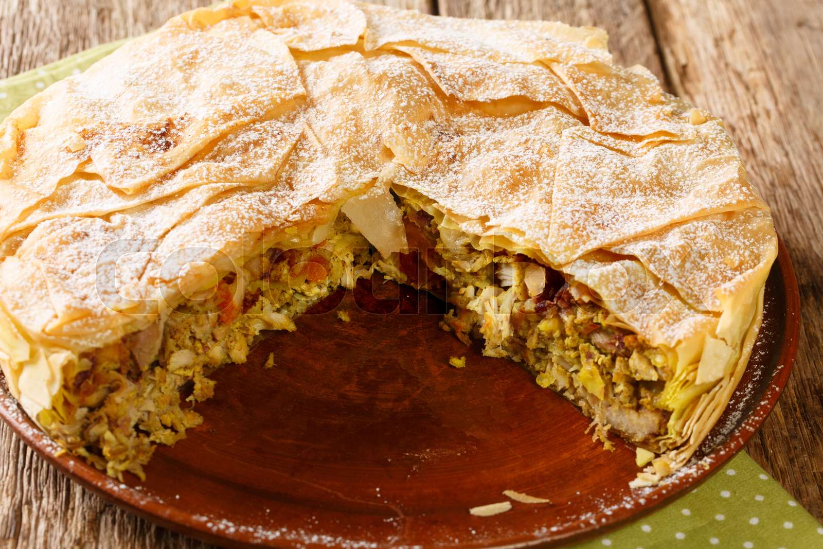 Chicken Bastilla pastilla is Moroccan famous chicken pie closeup in the ...