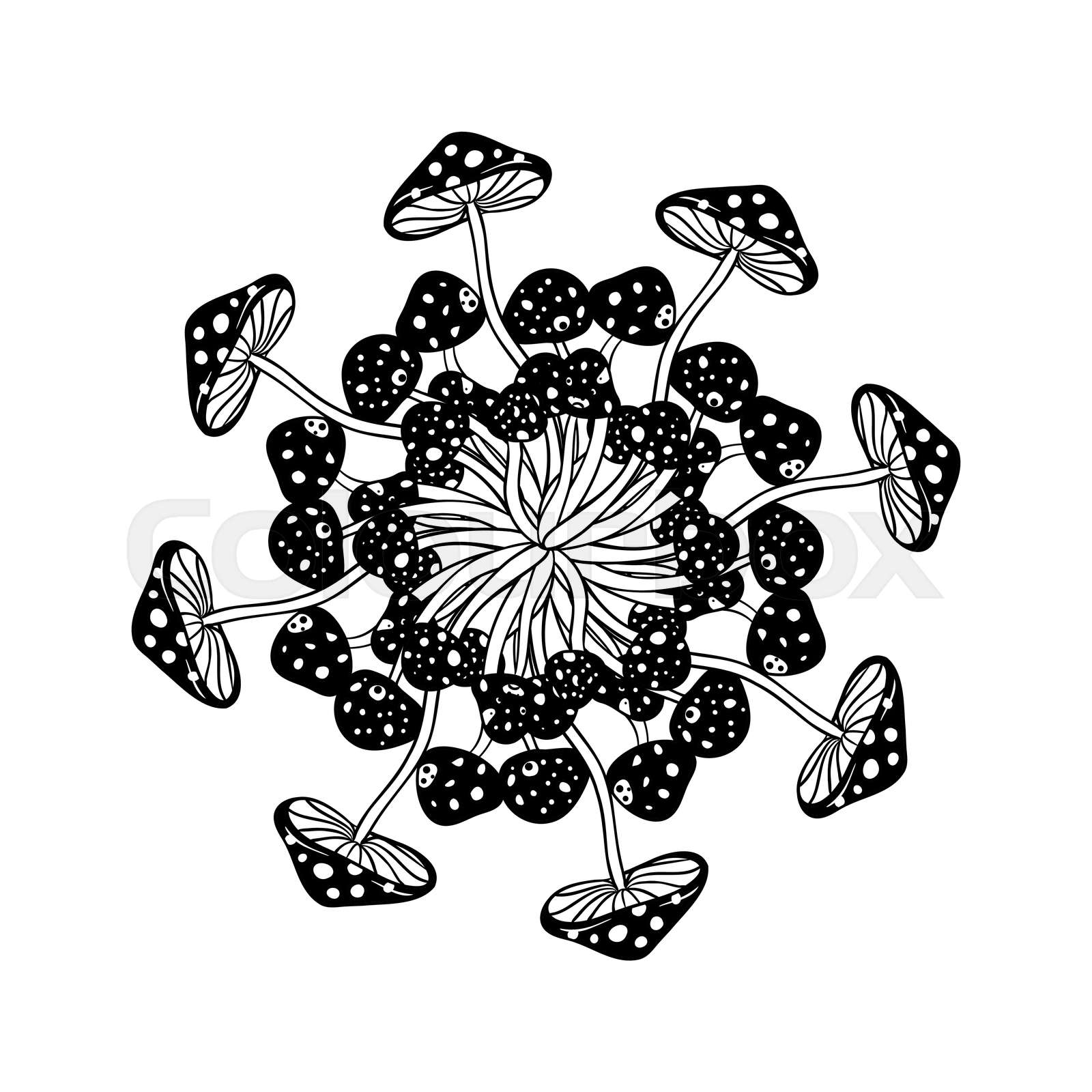 Magic mushrooms mandala. Psychedelic hallucination. Black and white ...