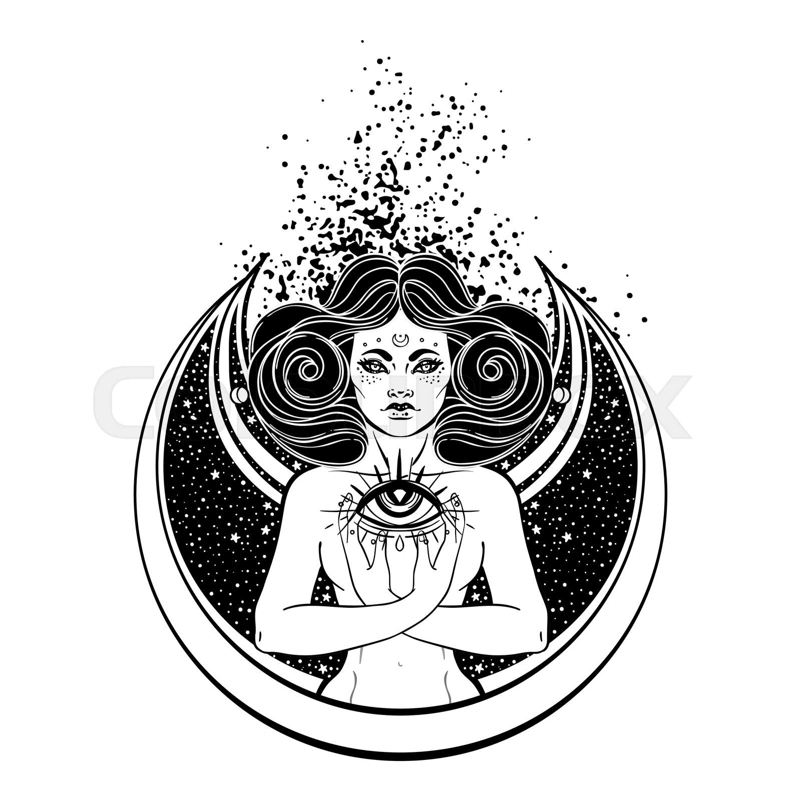 African American magic woman holding all seeing eye with rays. Vector ...