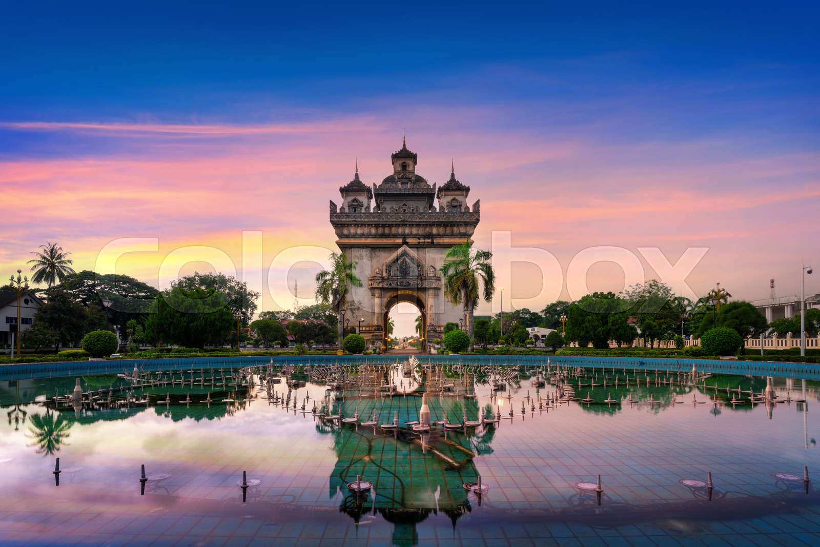 Patuxai (Patuxay) at twilight in Vientiane, Laos. | Stock image | Colourbox