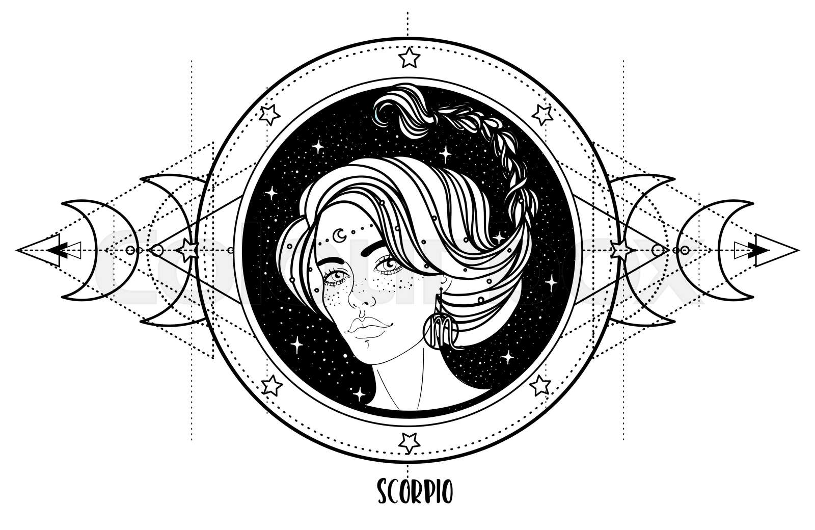 Illustration of Scorpio astrology sign as a beautiful girl over sacred ...