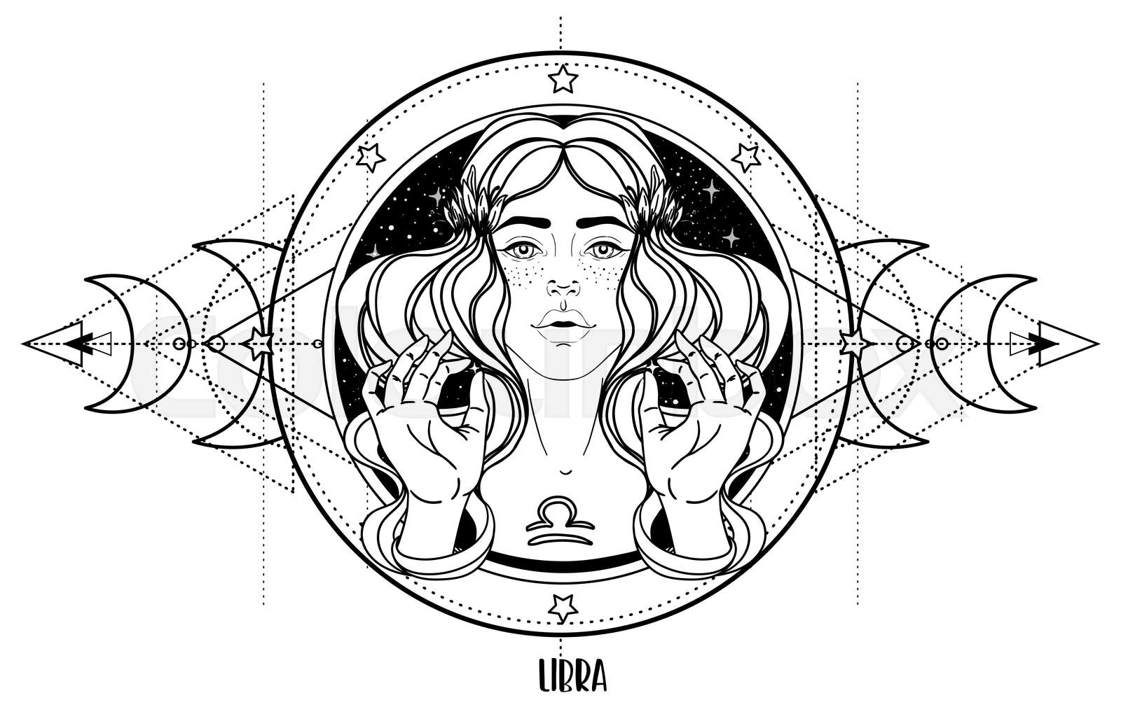 Illustration of Libra astrological sign as a beautiful girl over sacred ...