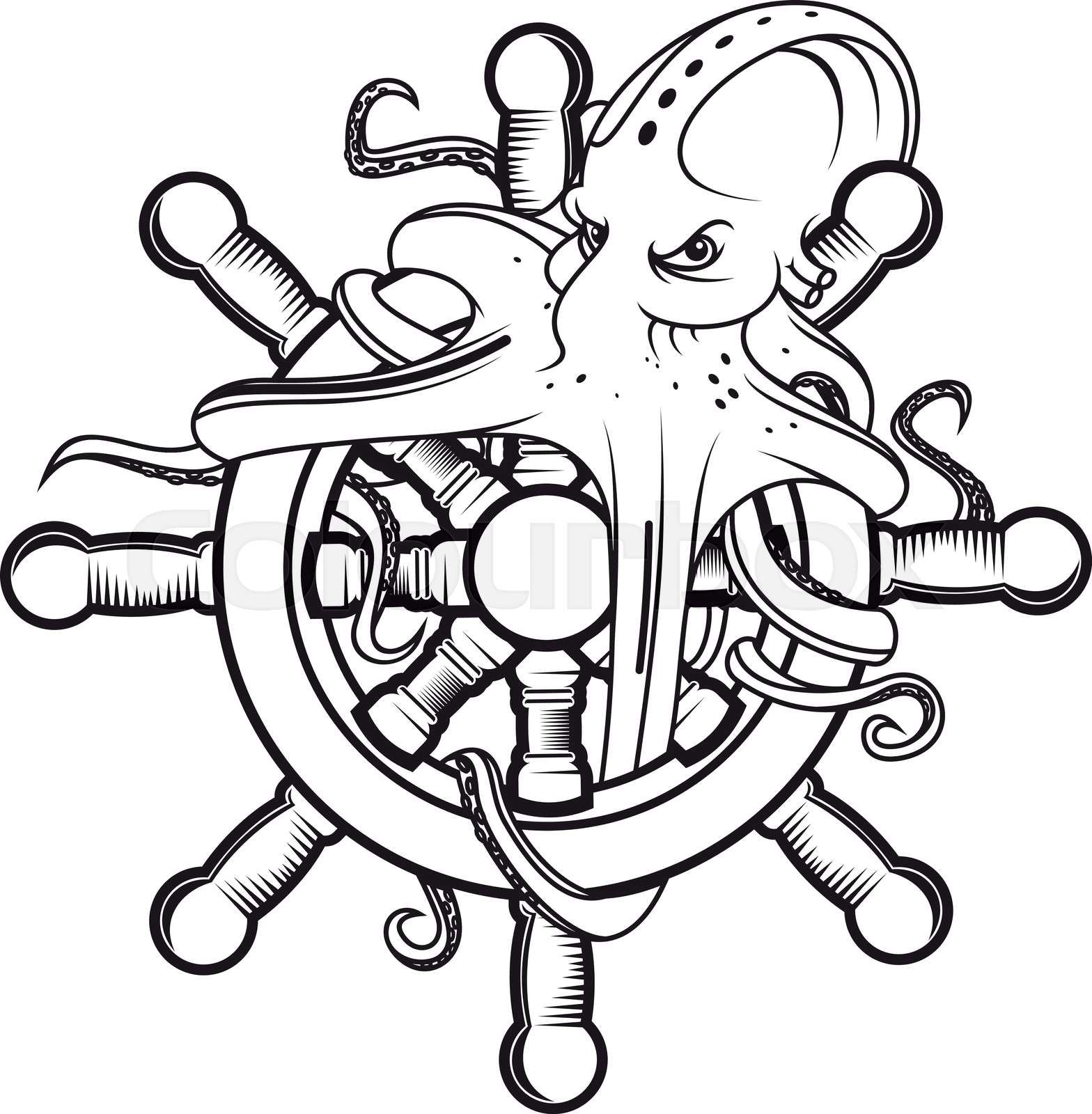 Octopus with tentacles on ship helm, marine icon | Stock vector | Colourbox