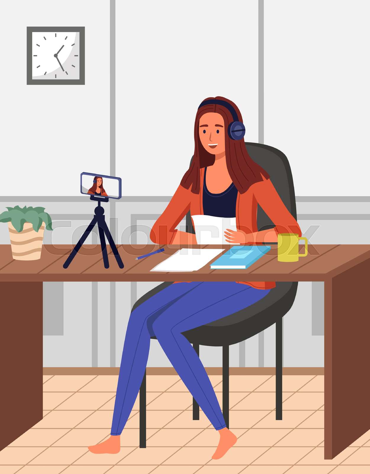 Podcaster woman character in office room interior. Girl listening audio ...