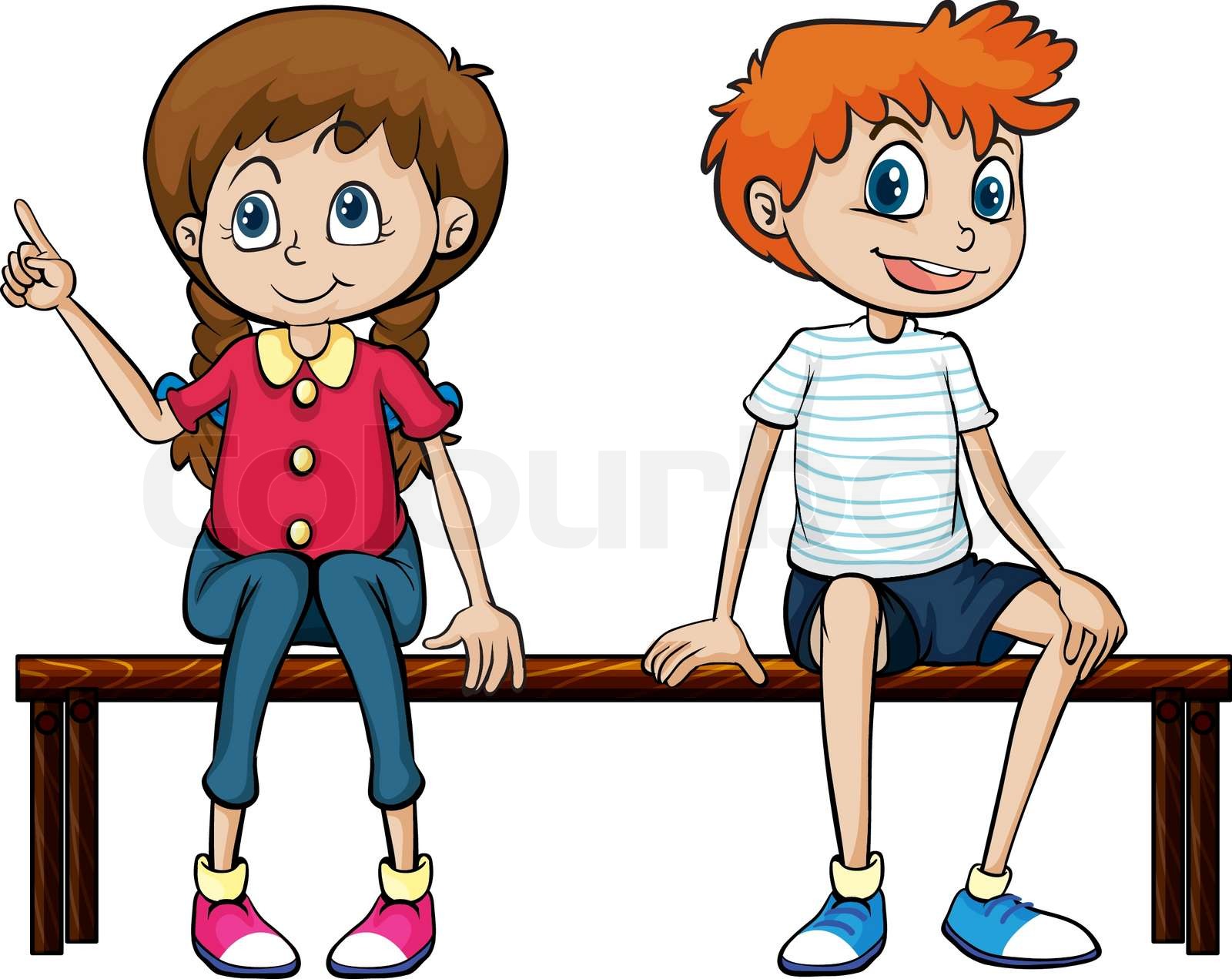 En dreng og en pige, der sad på en bænk | Stock vektor | Colourbox