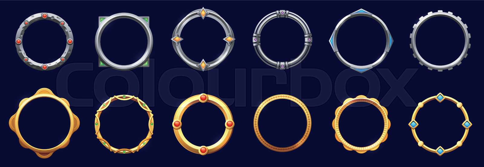 Game circle metal frames. Round textured avatar borders, cartoon empty ...