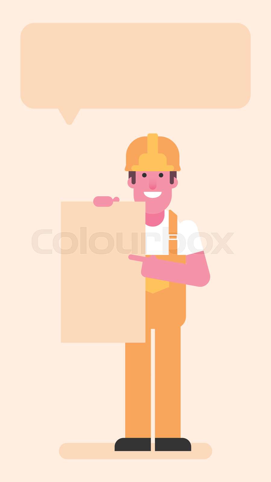 Builder holding blank sign and smiles | Stock vector | Colourbox