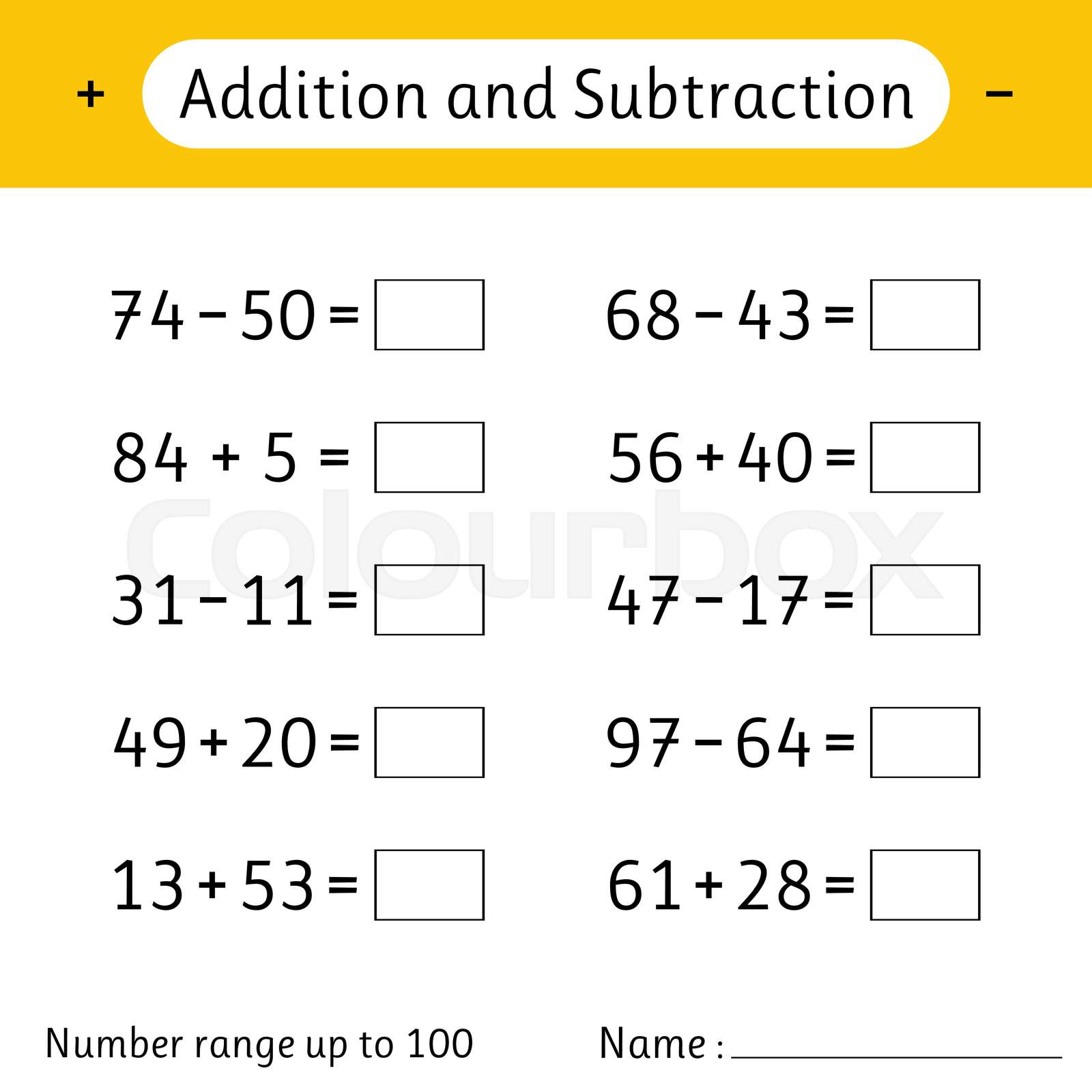 Addition and Subtraction. Number range up to 100. Math worksheet for ...
