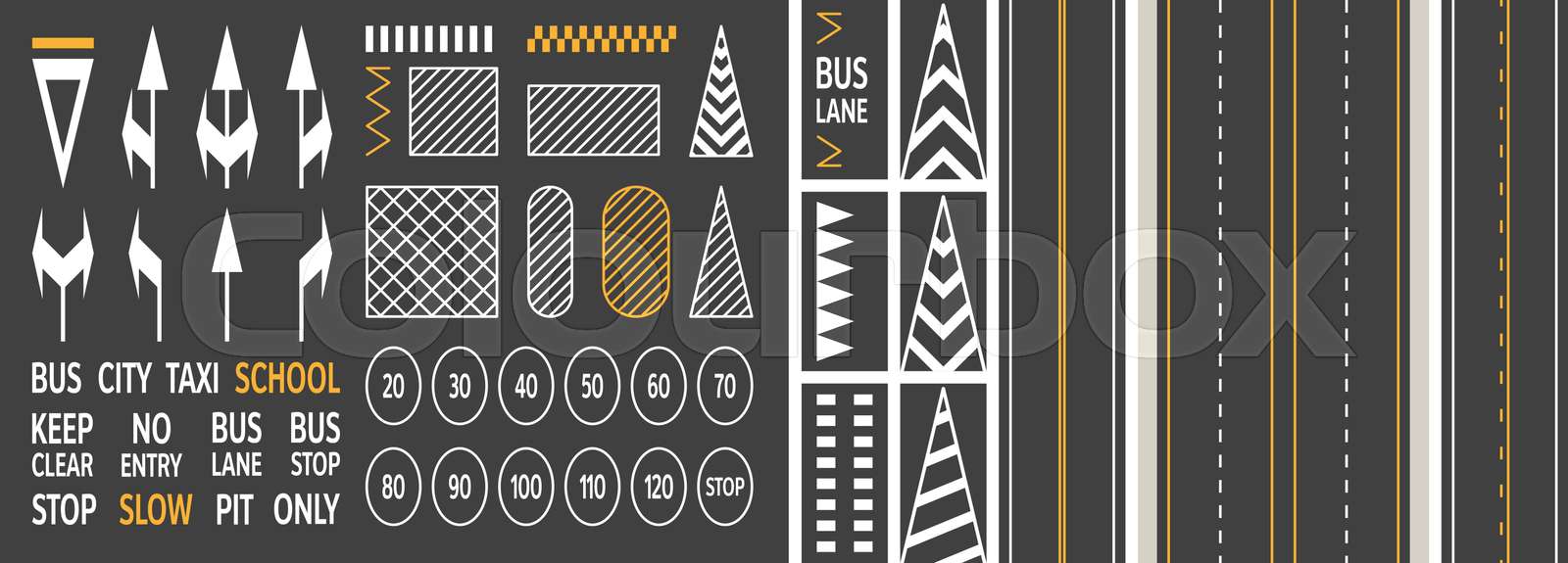 Road marking. Asphalt strip sign collection, city street line highway ...