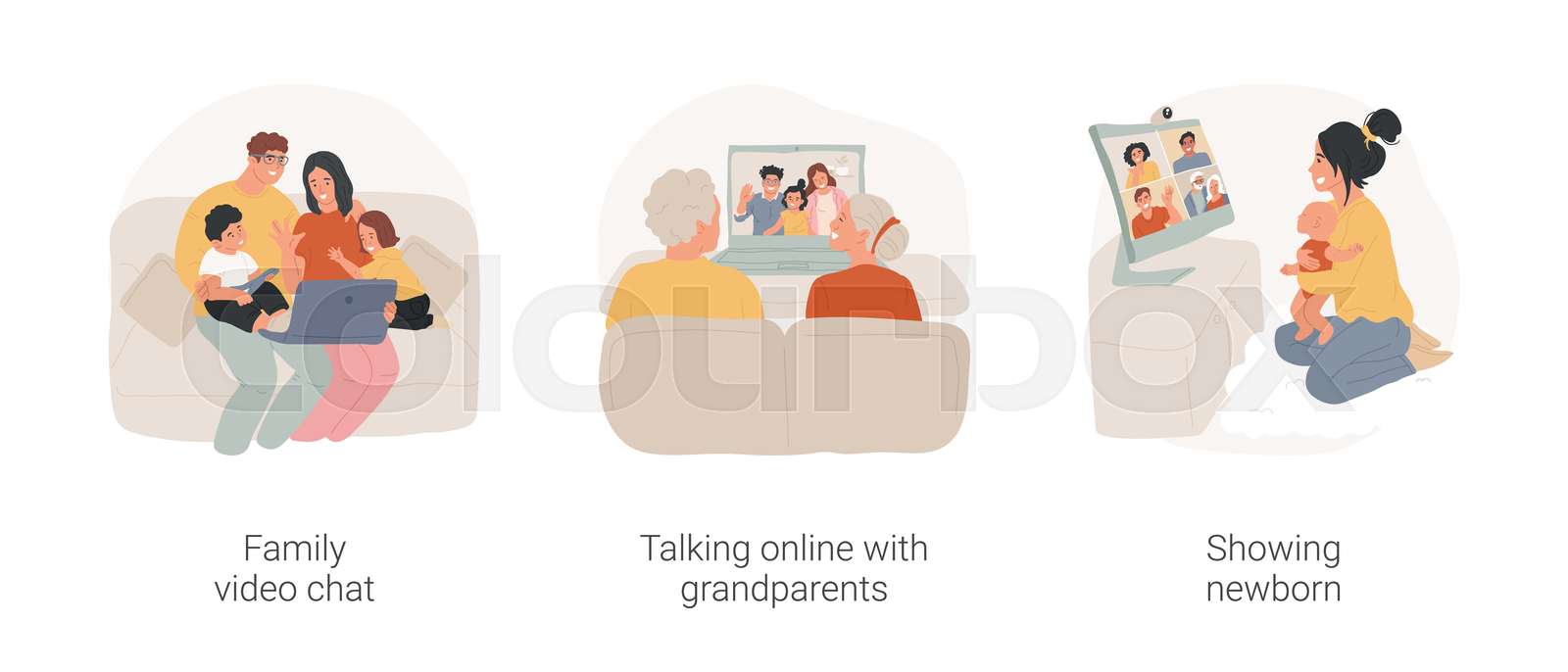 Family online communication isolated cartoon vector illustration set ...