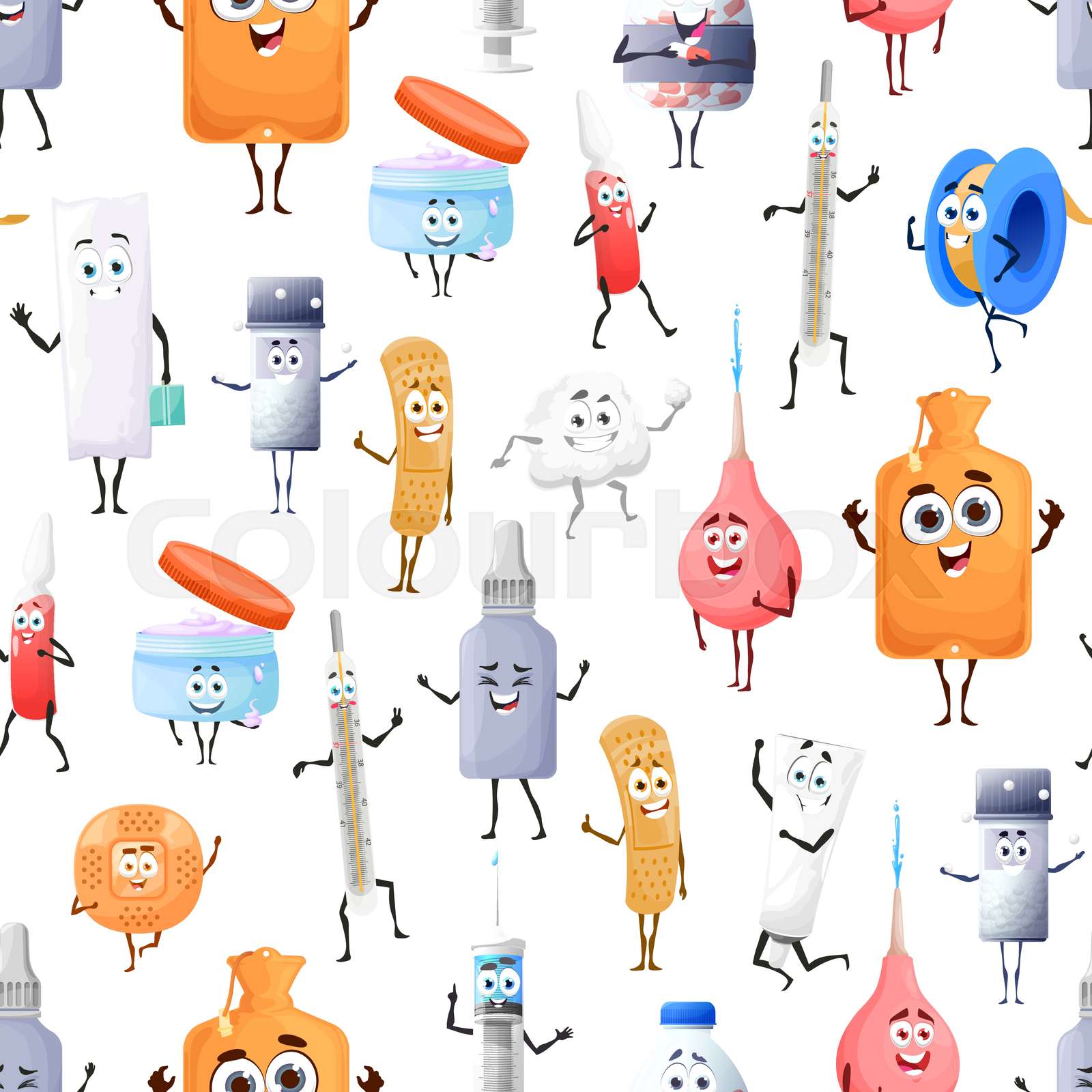 Cartoon pills and medication characters pattern | Stock vector | Colourbox